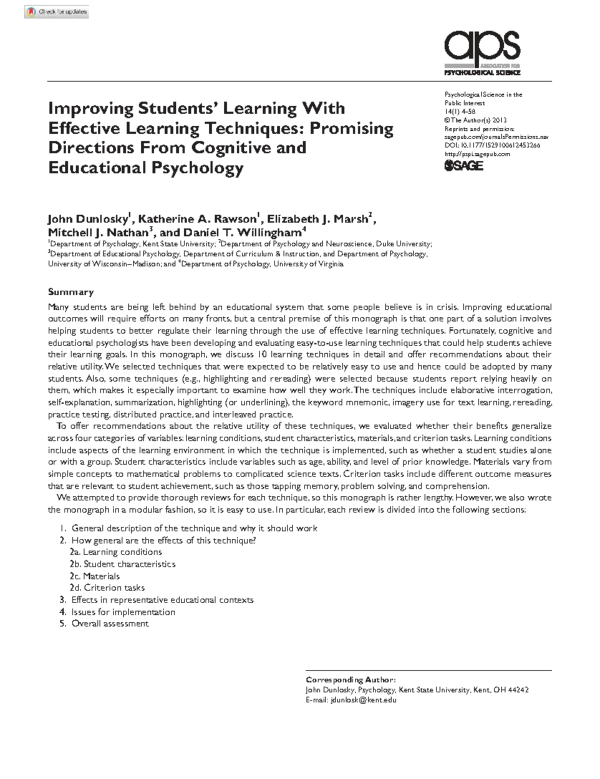 Improving Student Learning with Effective Techniques: Dunlosky et al ...