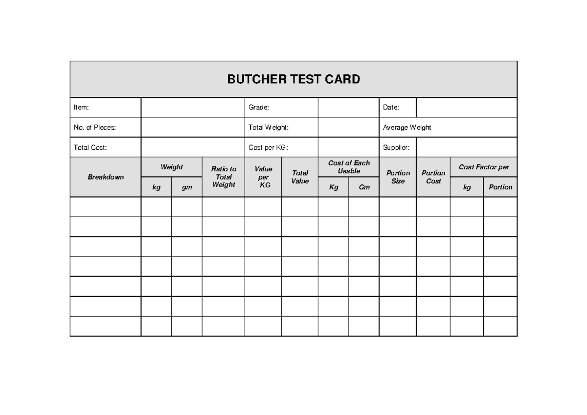 HTH 250 - Butcher Test Card & Cooking Loss Test Card Template - Studocu