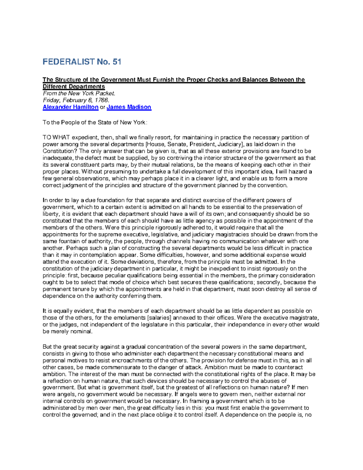 Federalist No. 51: Checks and Balances in Government Structure - Studocu