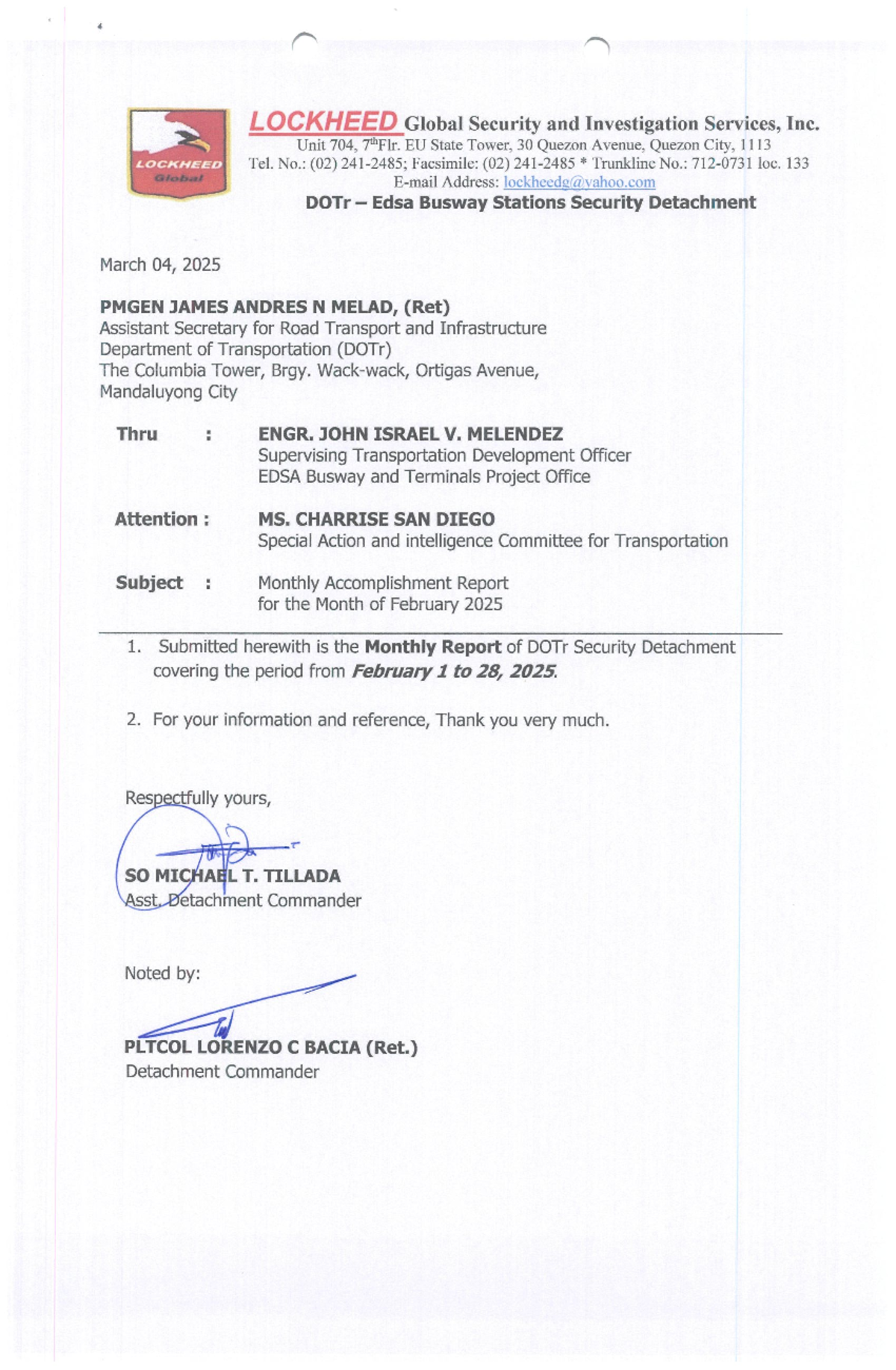 Monthly Accomplishment Report - Lockheed DOTr Security Detachment - Studocu