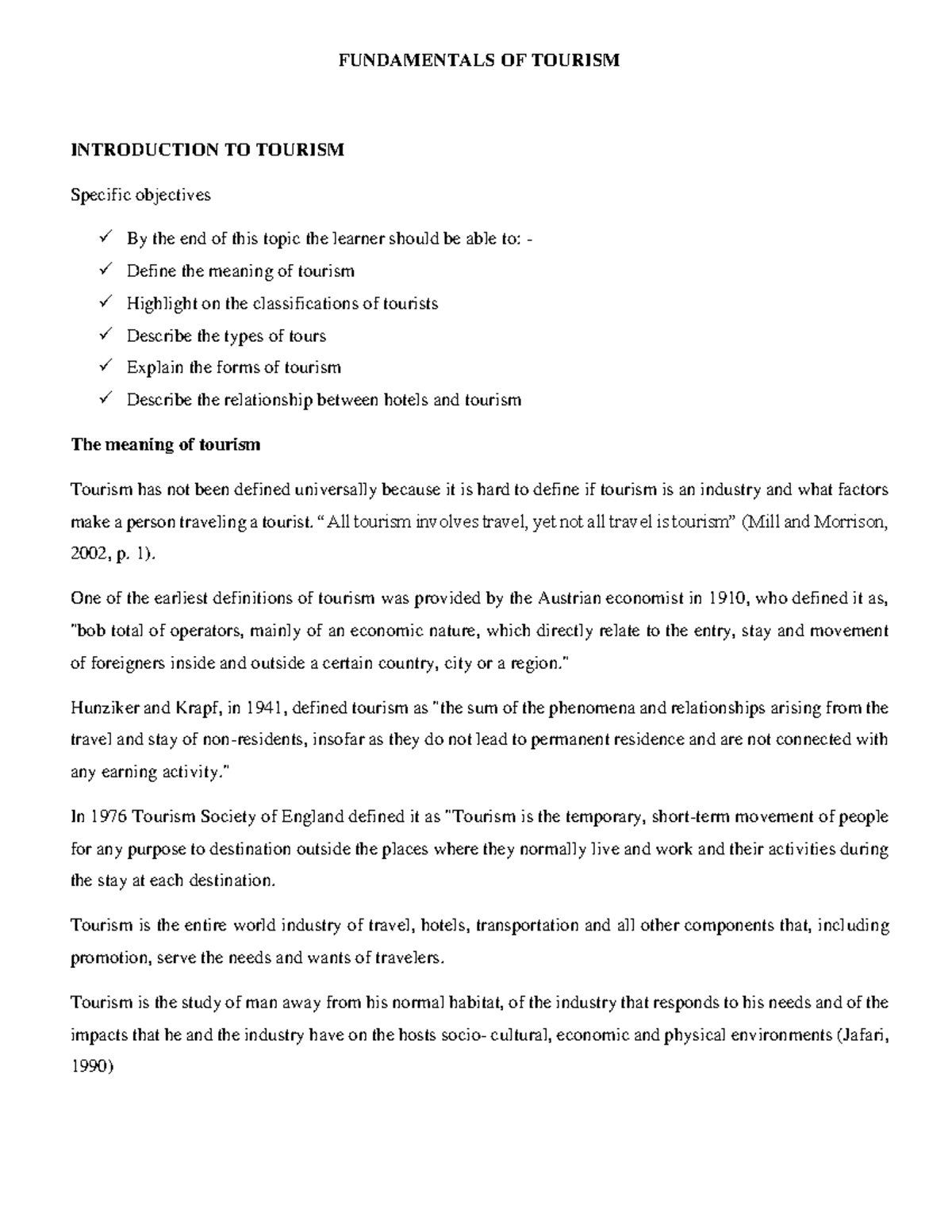 FUNDAMENTALS OF TOURISM: AN INTRODUCTION TO KEY CONCEPTS - Studocu