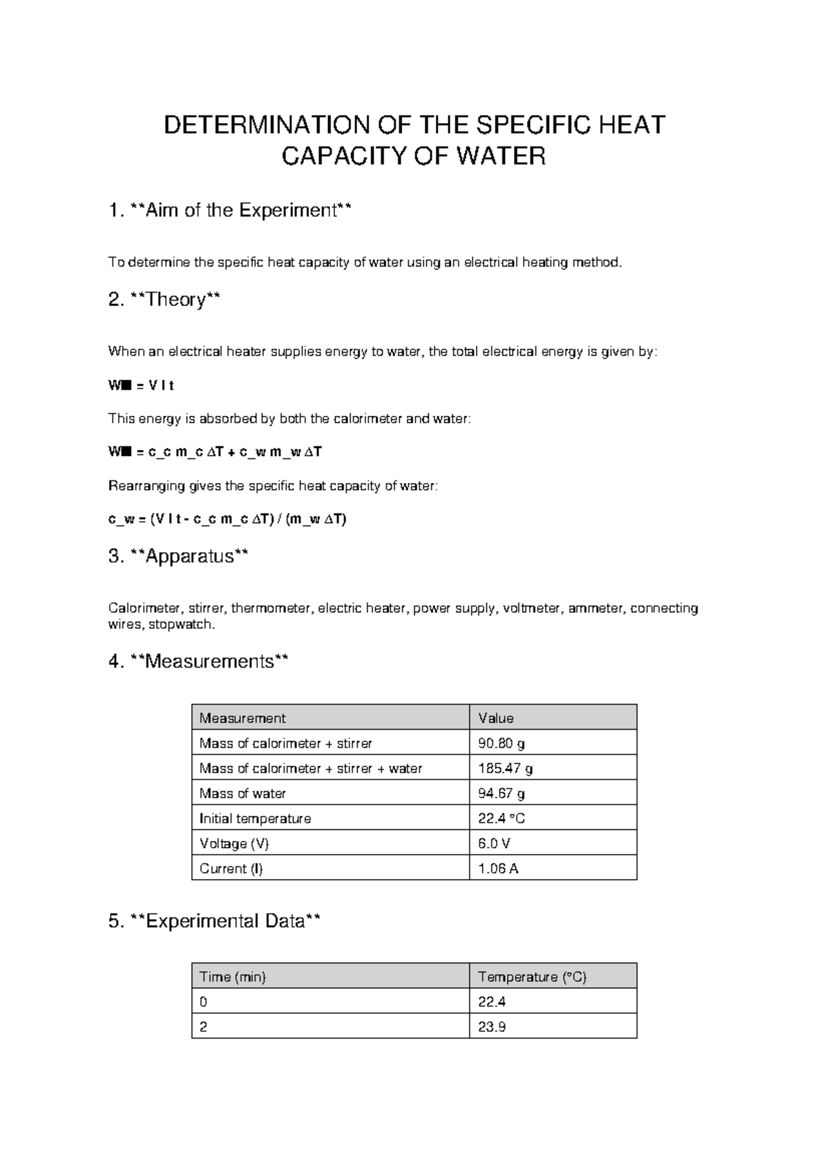 Lab Report: Specific Heat Capacity of Water (Course Code: SCI101) - Studocu