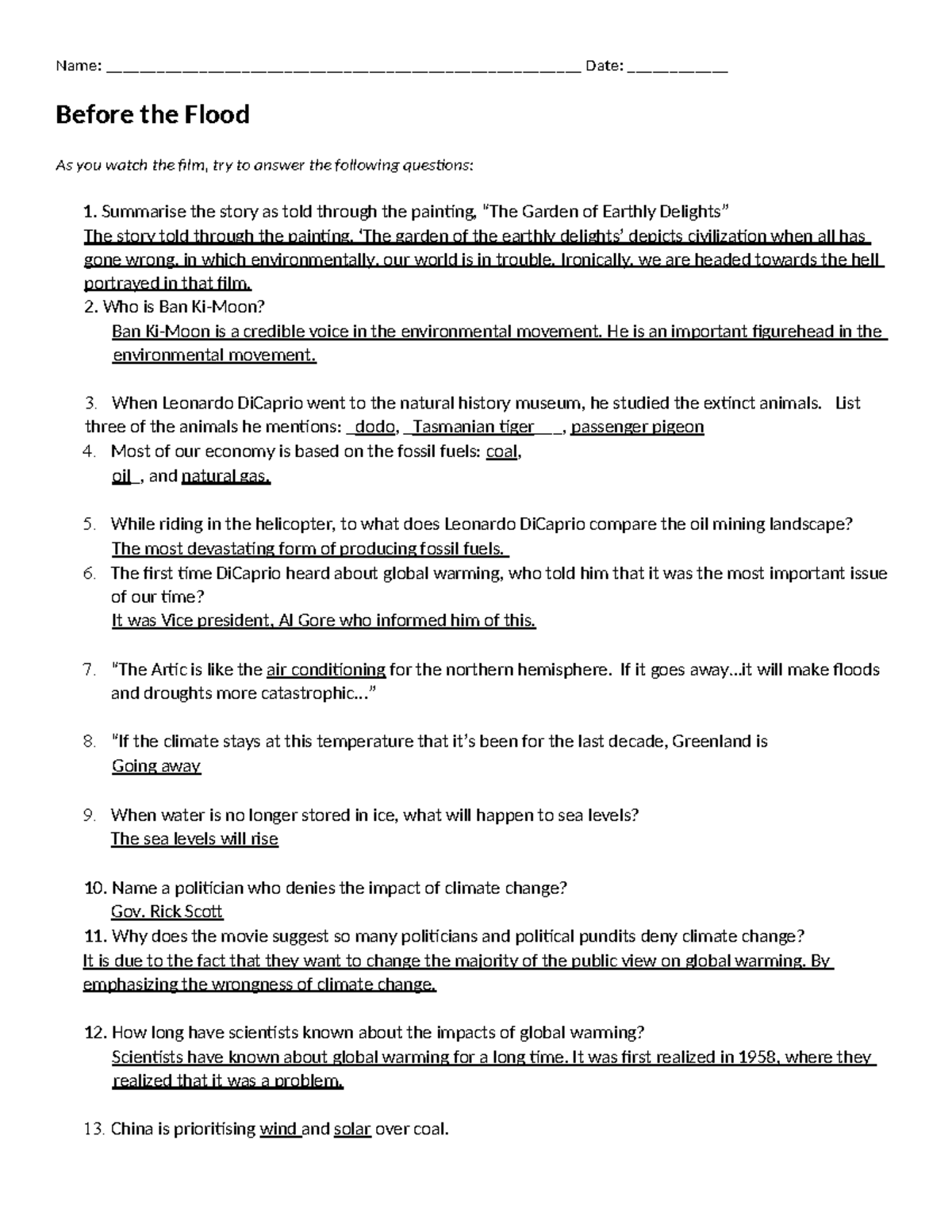 Before the Flood - Film Analysis Worksheet - Studocu