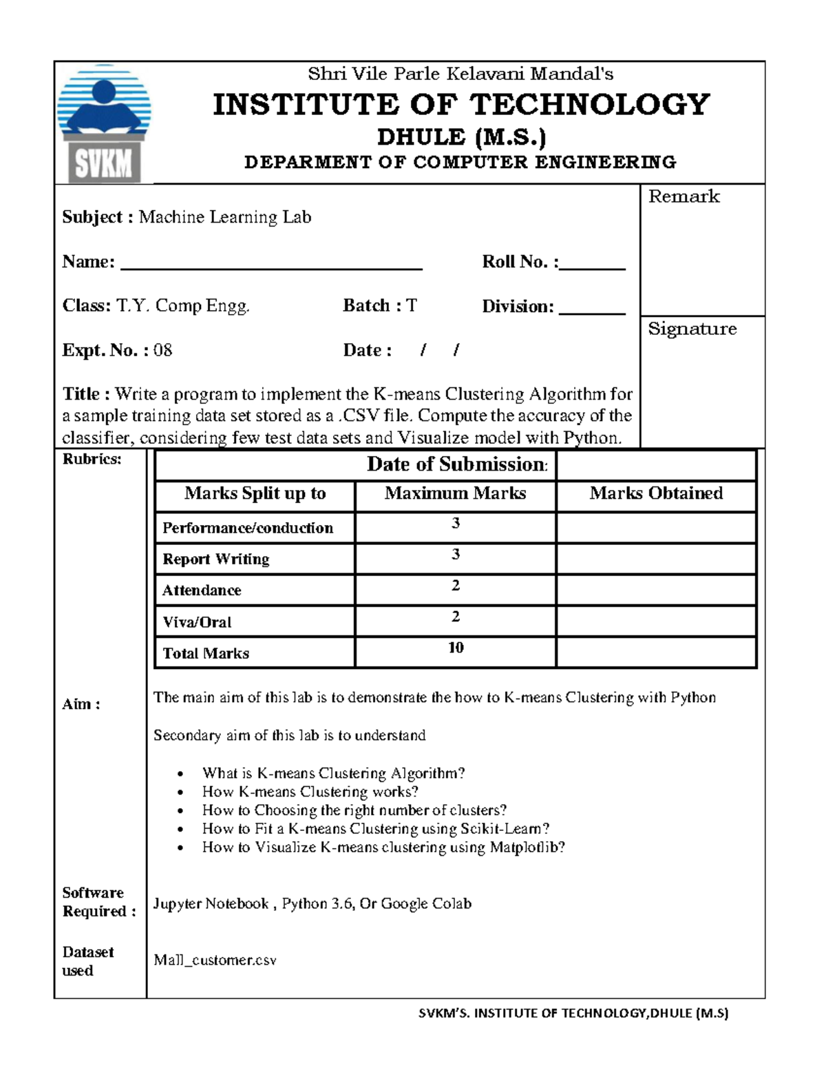 Machine Learning Lab (T.Y. Comp Engg) - Clustering Algorithm ...