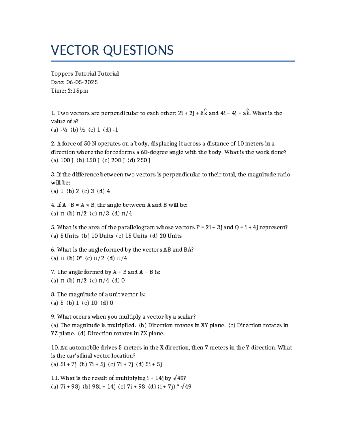 VECTOR QUESTIONS Toppers Tutorial - 06-05-2025 - Studocu