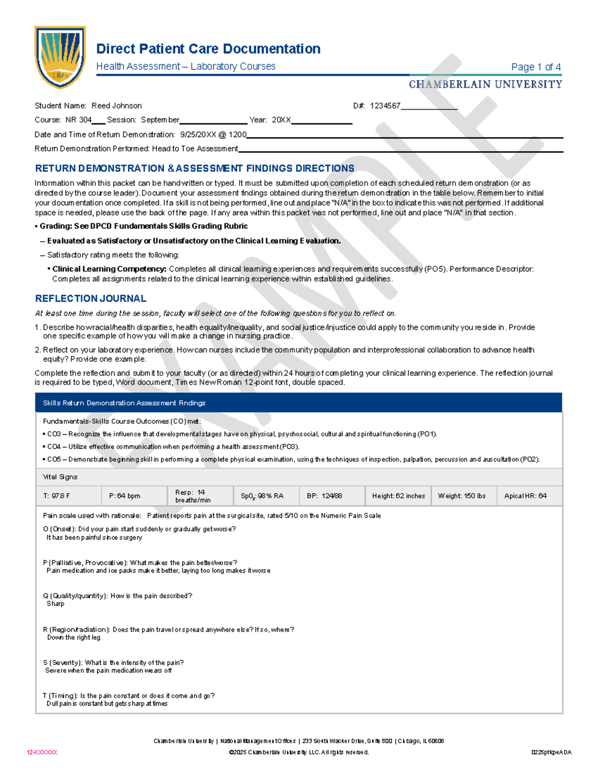 DPCD Health Assessment Lab NR 304: Return Demonstration Findings - Studocu