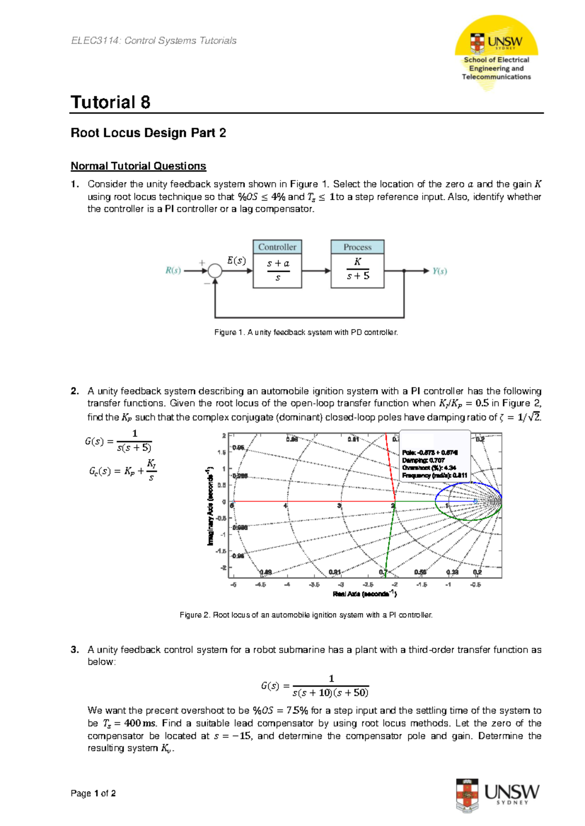 ELEC3114: Control Systems Tutorial 8 - Root Locus Design Part 2 - Studocu