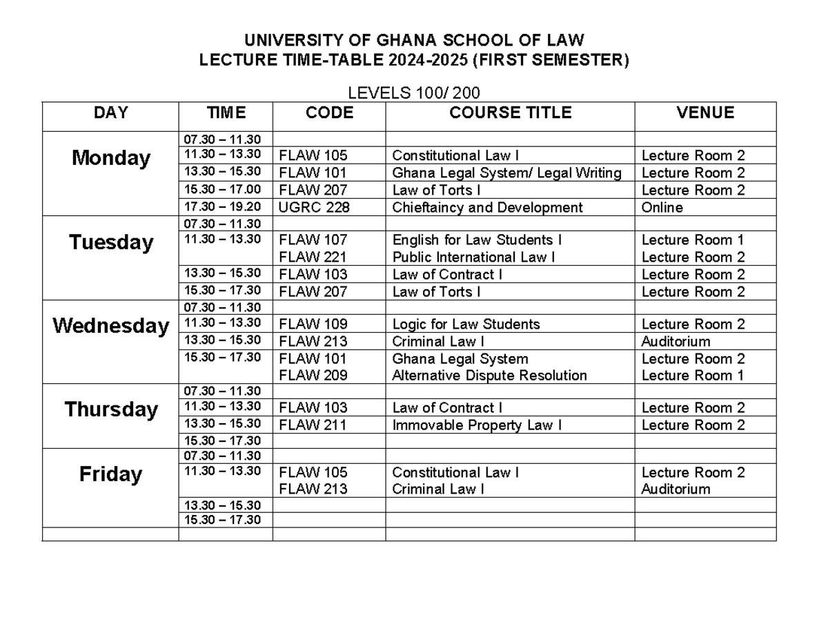 First Semester 2024-2025 UG Law Lecture Timetable - Studocu
