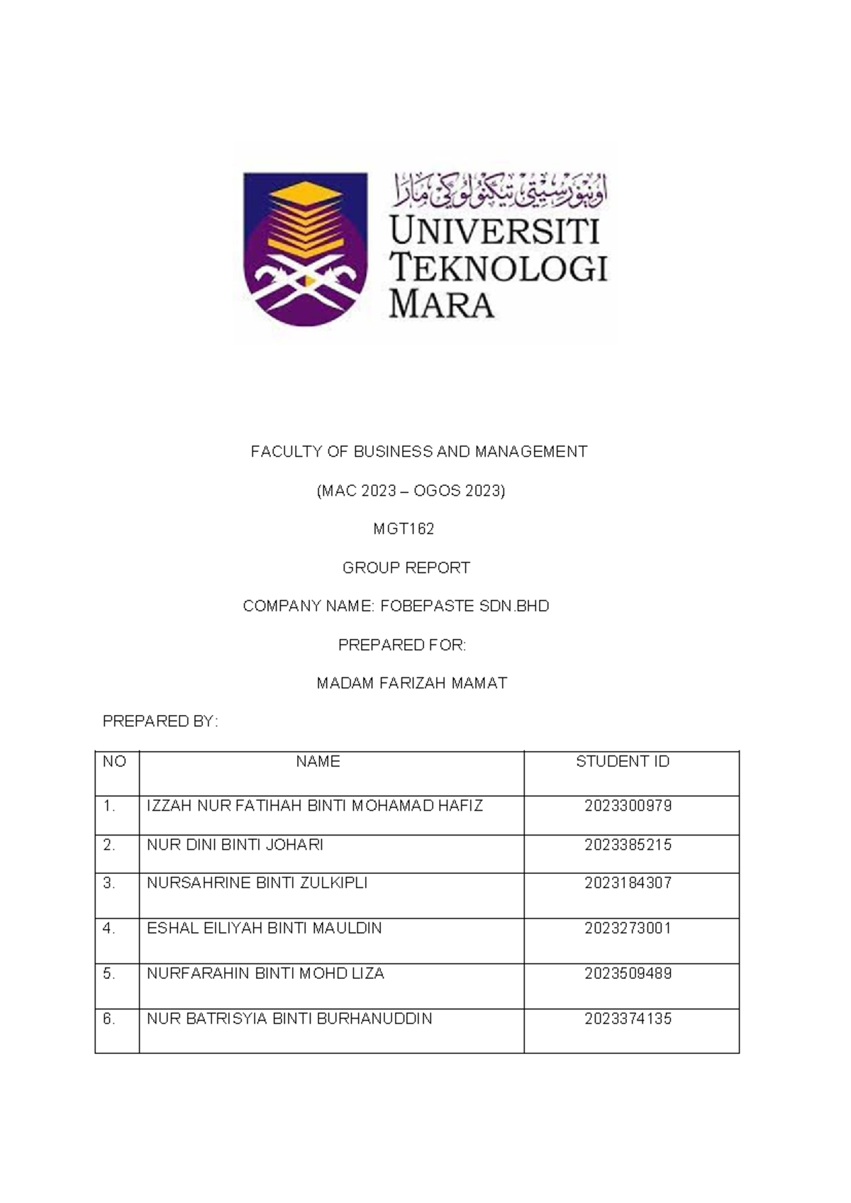 MGT162 Group Project: FobePes Sdn. Bhd. Company Report - Studocu