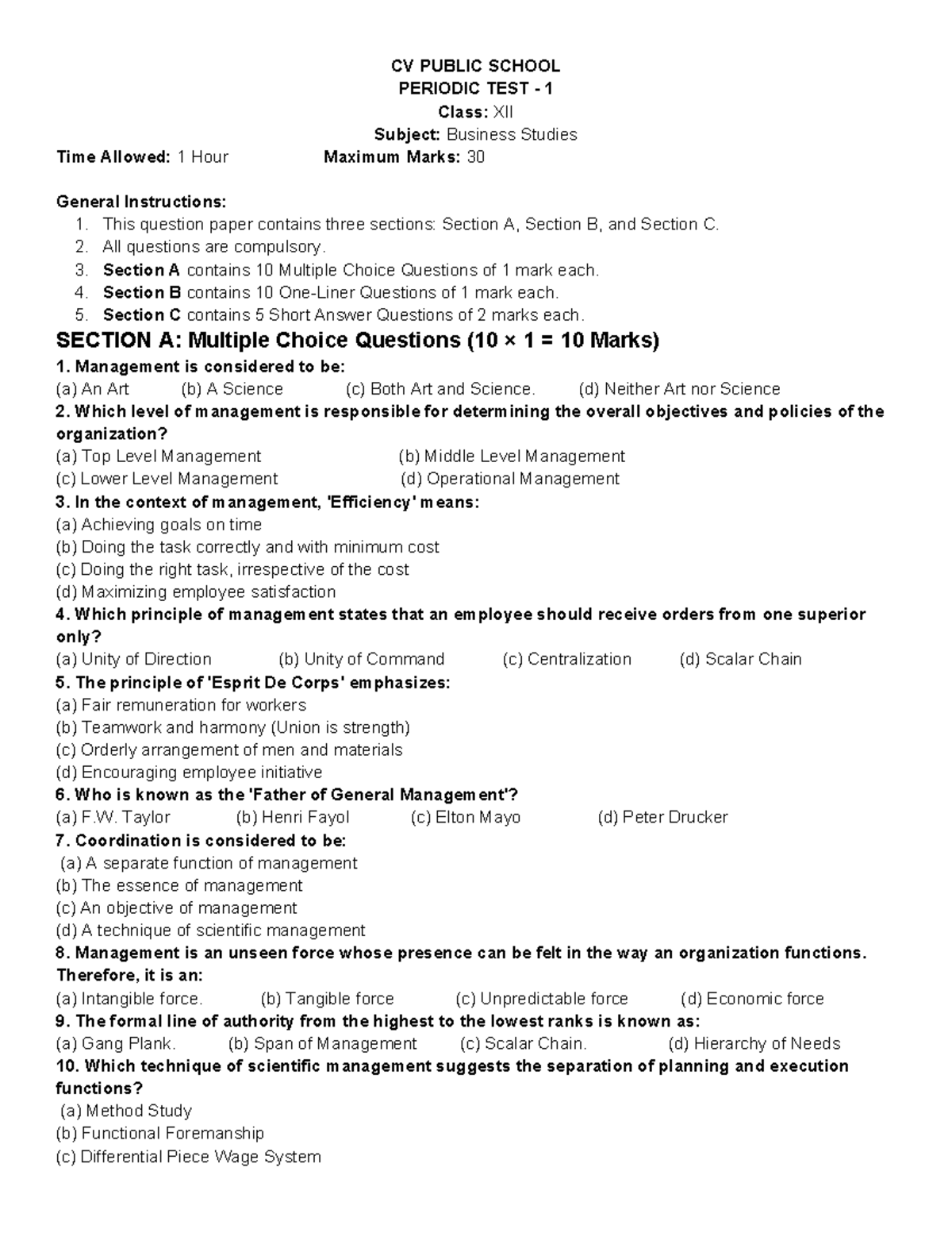 CV PUBLIC SCHOOL Class XII Business Studies Periodic Test 1 - Studocu