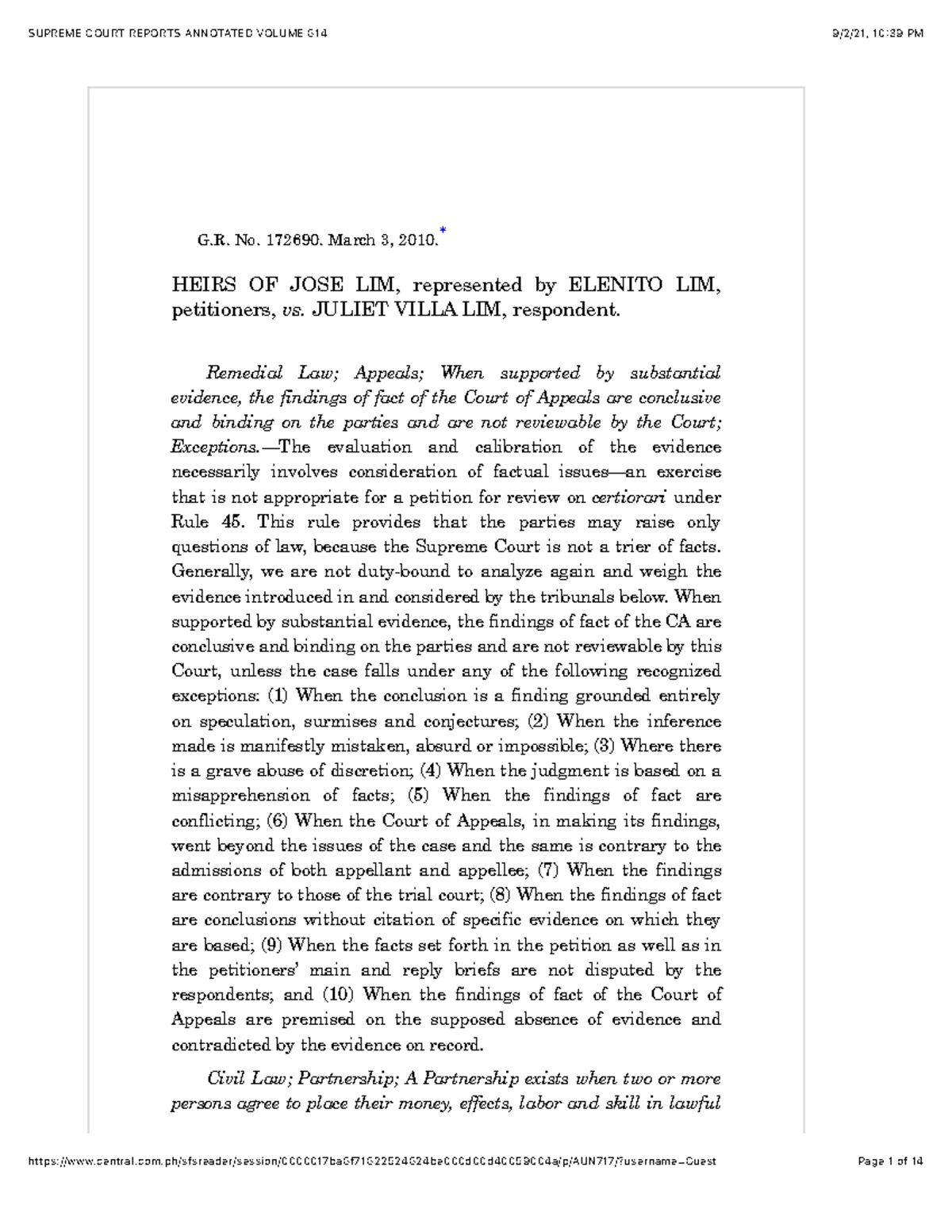 Legal Analysis on Heirs of Jose Lim vs. Lim (G.R. No. 172690) - Studocu