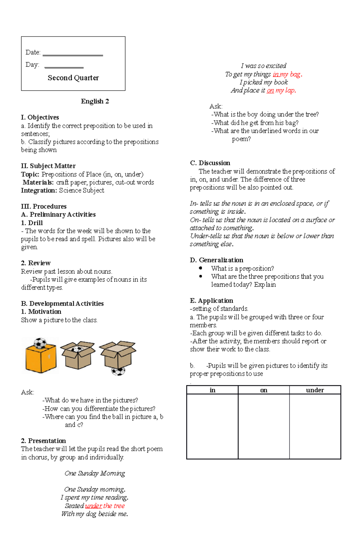 English 2 Lesson Plan: Mastering Prepositions (in, on, under) - Studocu