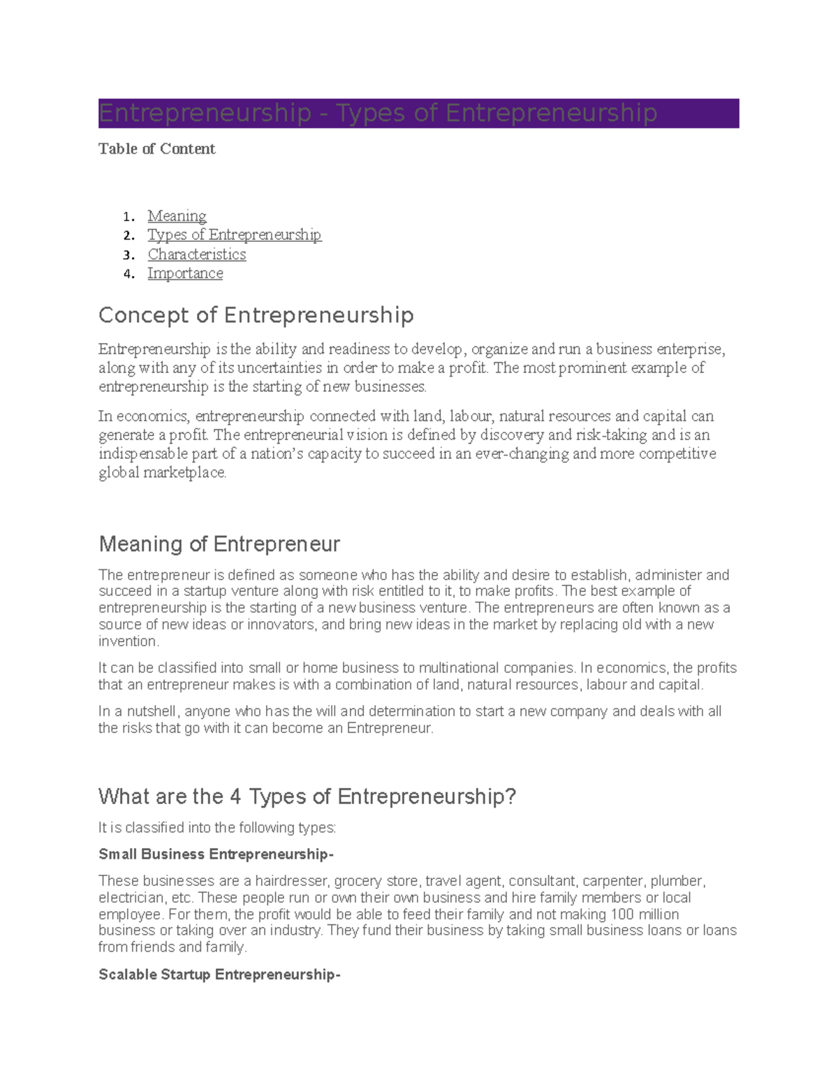 1 Entrepreneurship - Lecture notes - Entrepreneurship - Types of ...