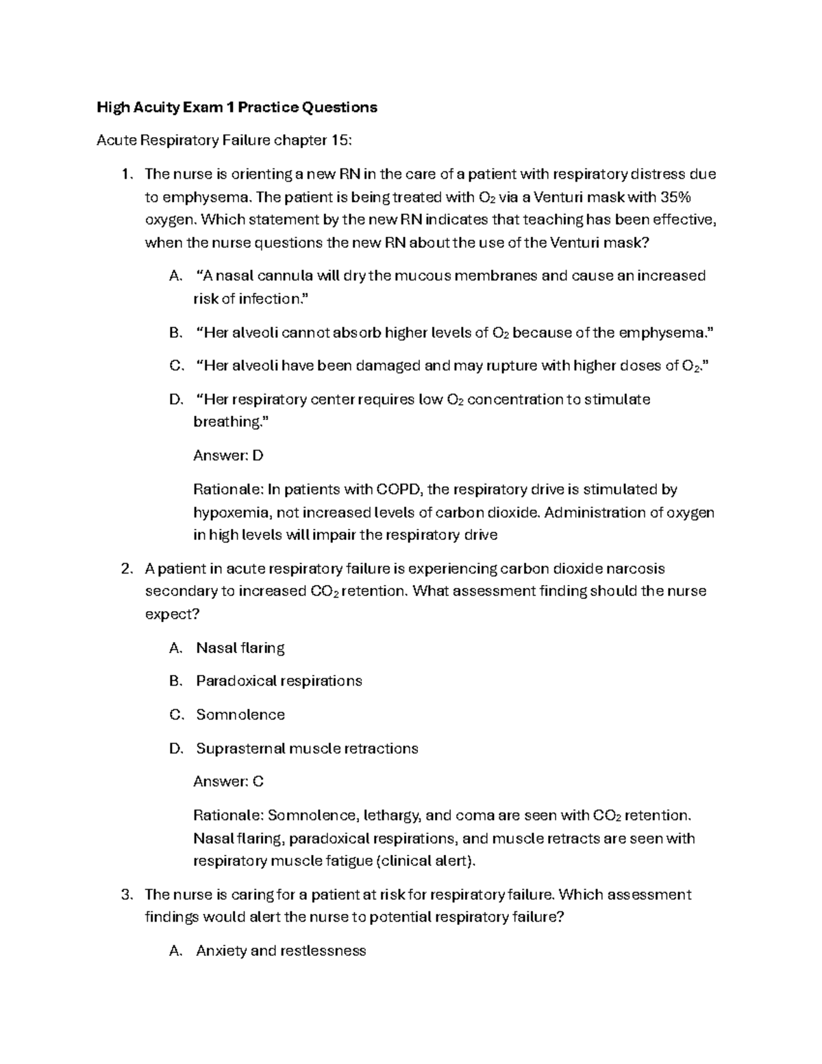 High Acuity Exam 1 Practice Questions: Acute Respiratory Failure ...