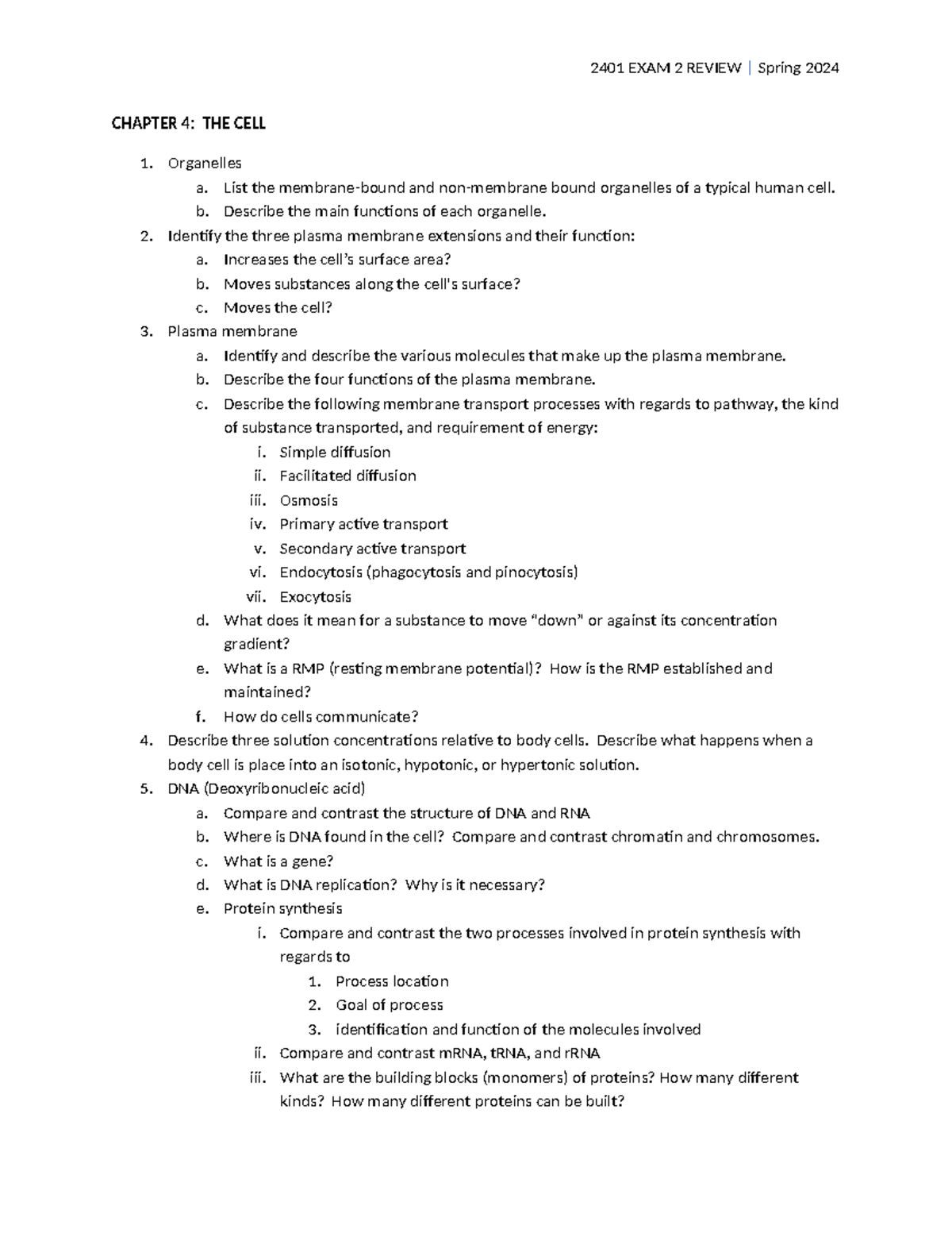 2401 EXAM 2 Review Notes: Spring 2024 - Cell, Tissues & Integumentary ...