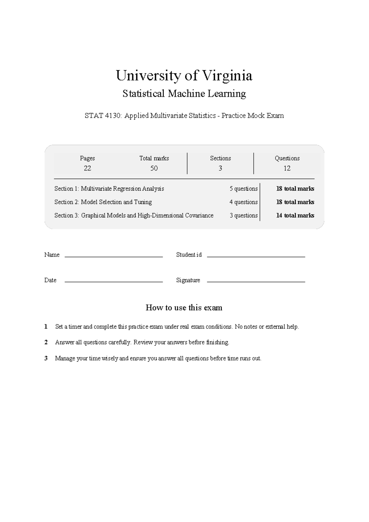 STAT 4130: Applied Multivariate Statistics Practice Mock Exam - Studocu