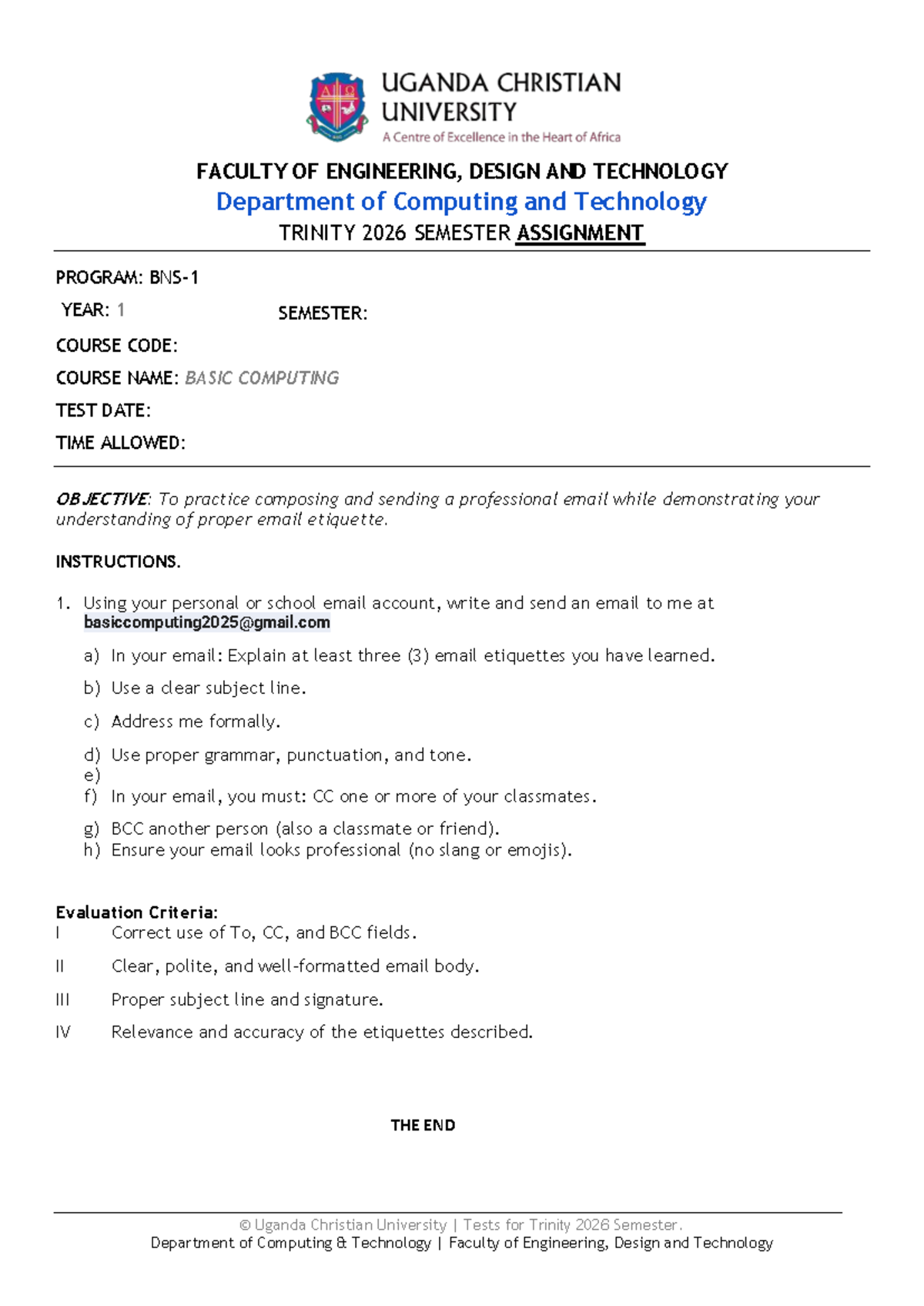 BNS-1 Basic Computing Assignment - Email Etiquette - Studocu