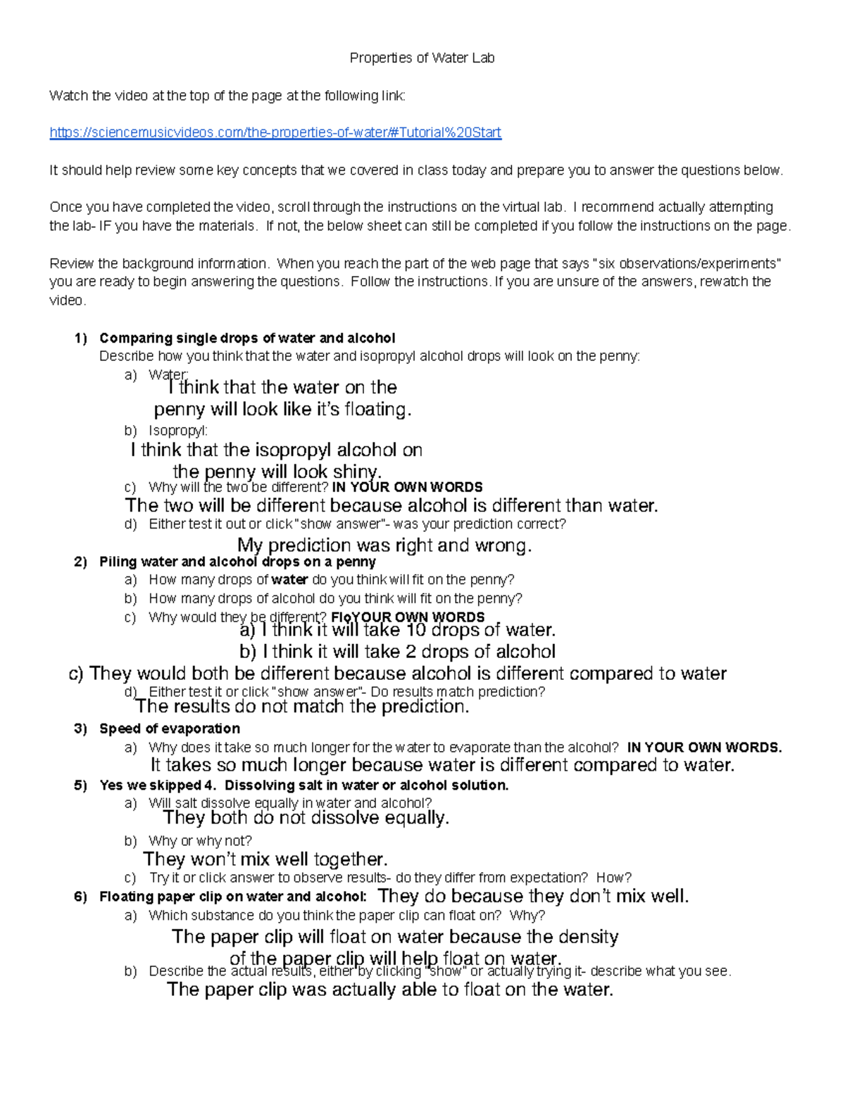 Properties of Water Lab: Key Concepts & Virtual Experiment Guide - Studocu