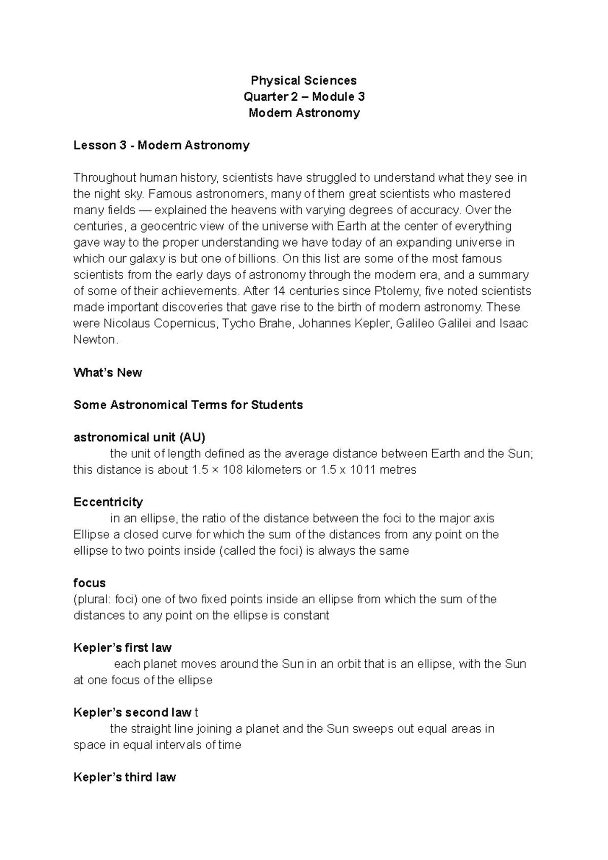 Physical Sciences Q2 - Module 3: Lesson on Modern Astronomy - Studocu