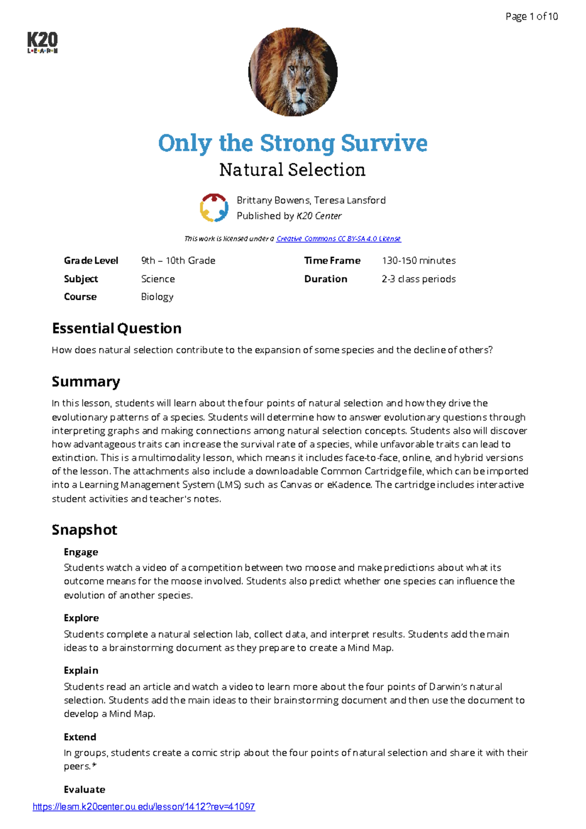 Only the Strong Survive: Natural Selection Lesson Plan (Biology K20 ...