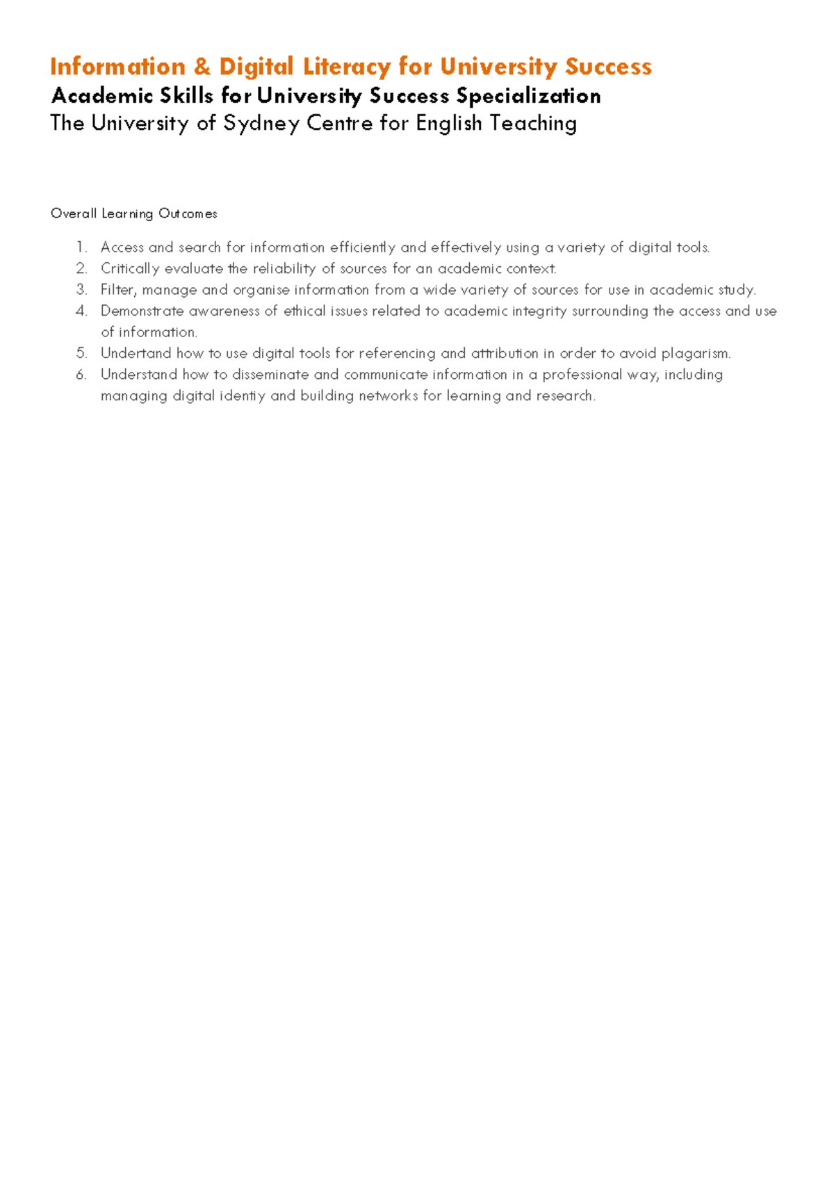 Information & Digital Literacy Overview & Learning Outcomes (Final ...