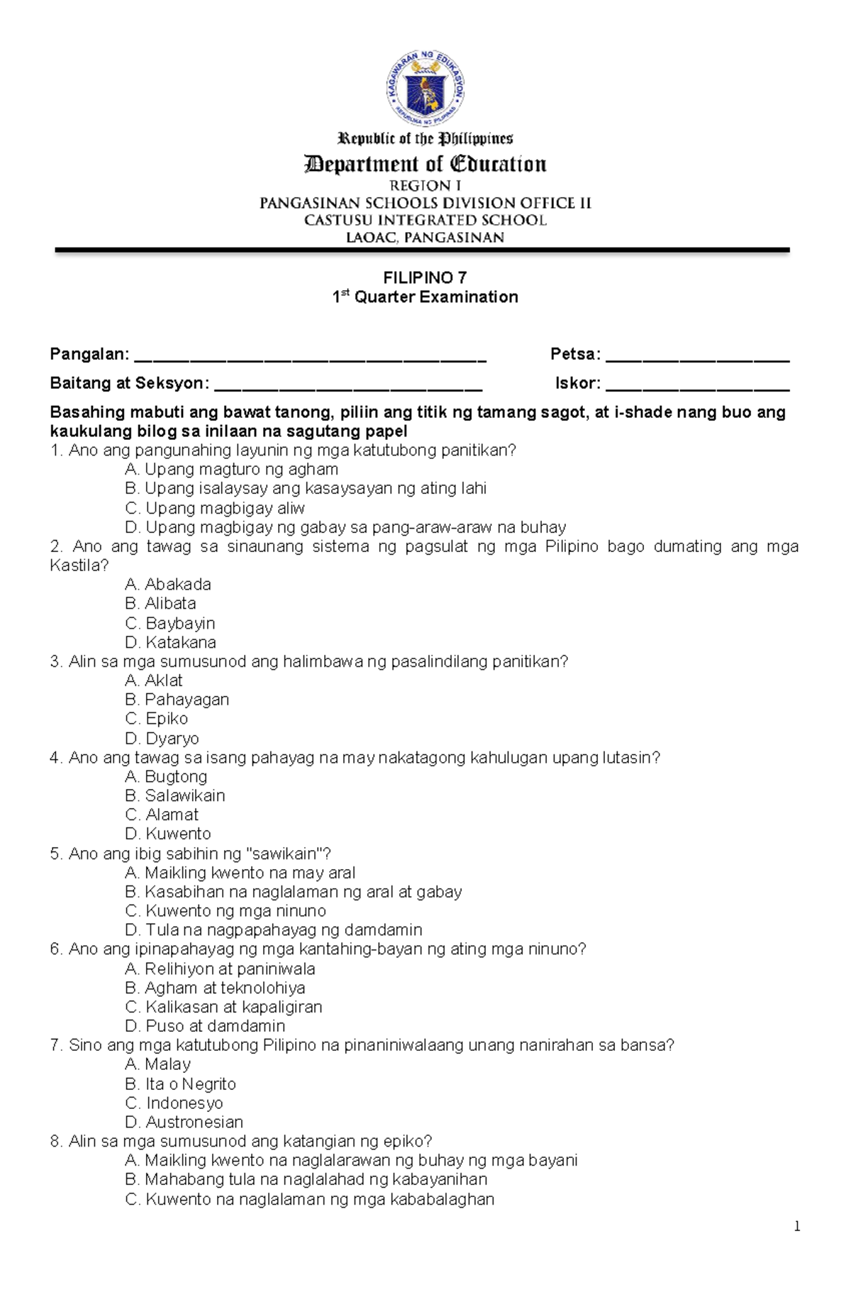 Filipino 7 - 1st Quarter Exam with Answer Key - Studocu