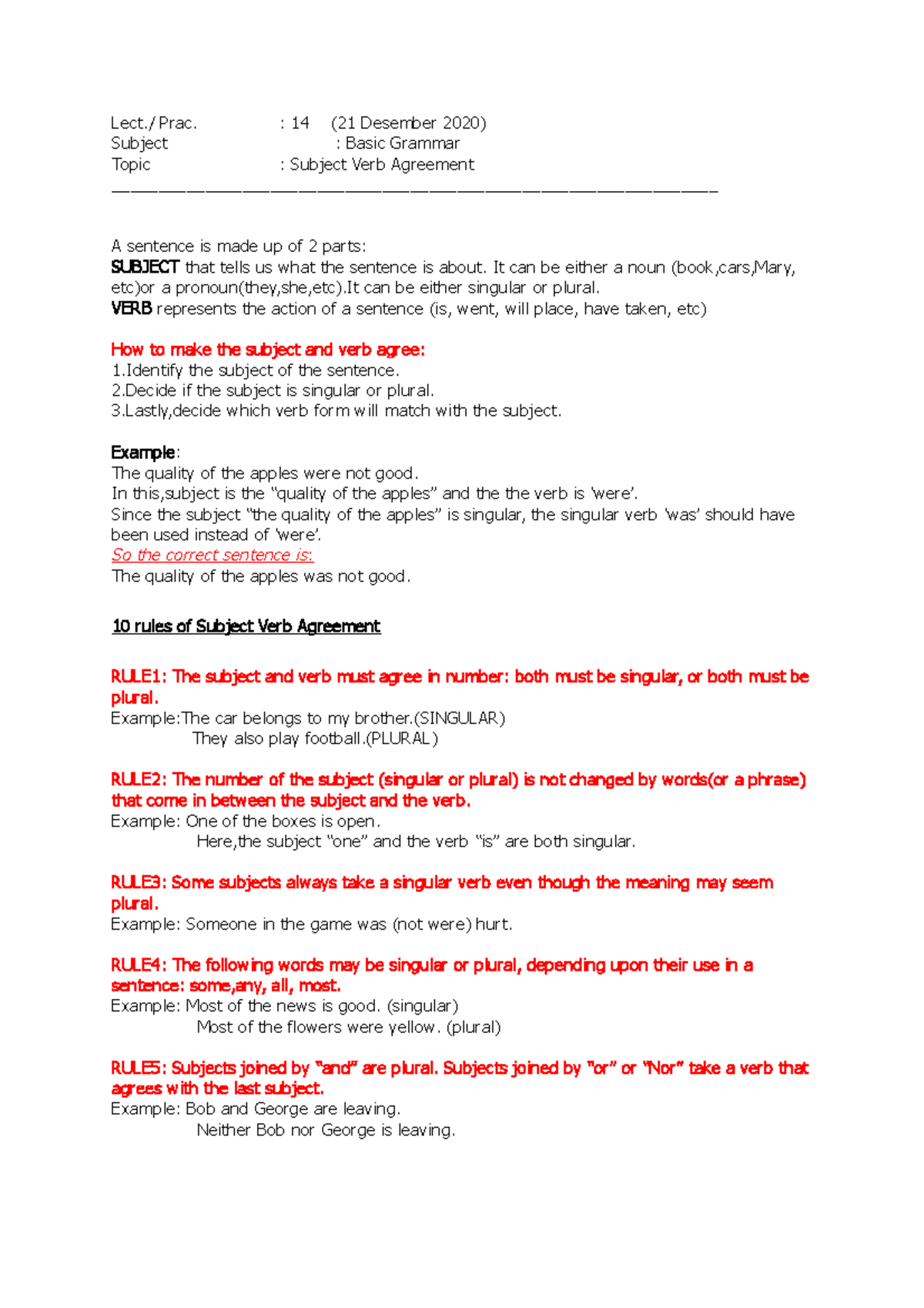 Basic Grammar: Subject Verb Agreement Lecture Notes (14/12/2020) - Studocu