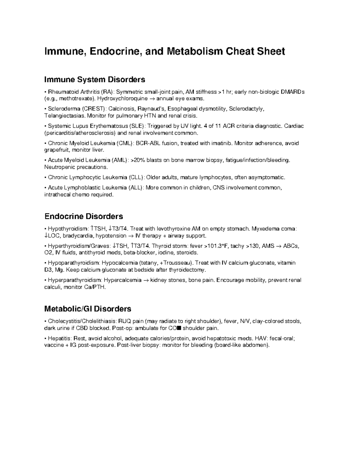 Immune & Endocrine Disorders Cheat Sheet for Exam Prep - Studocu