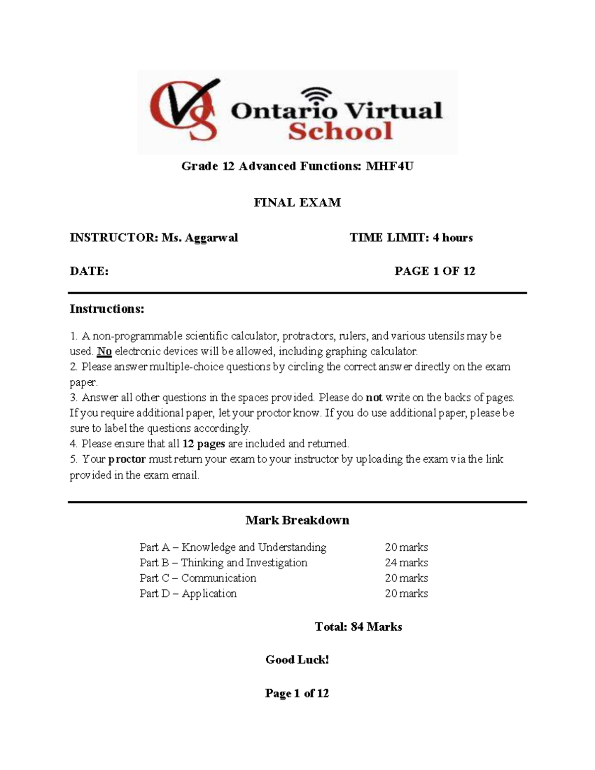 MHF4U Grade 12 Advanced Functions Final Exam Guide - Studocu