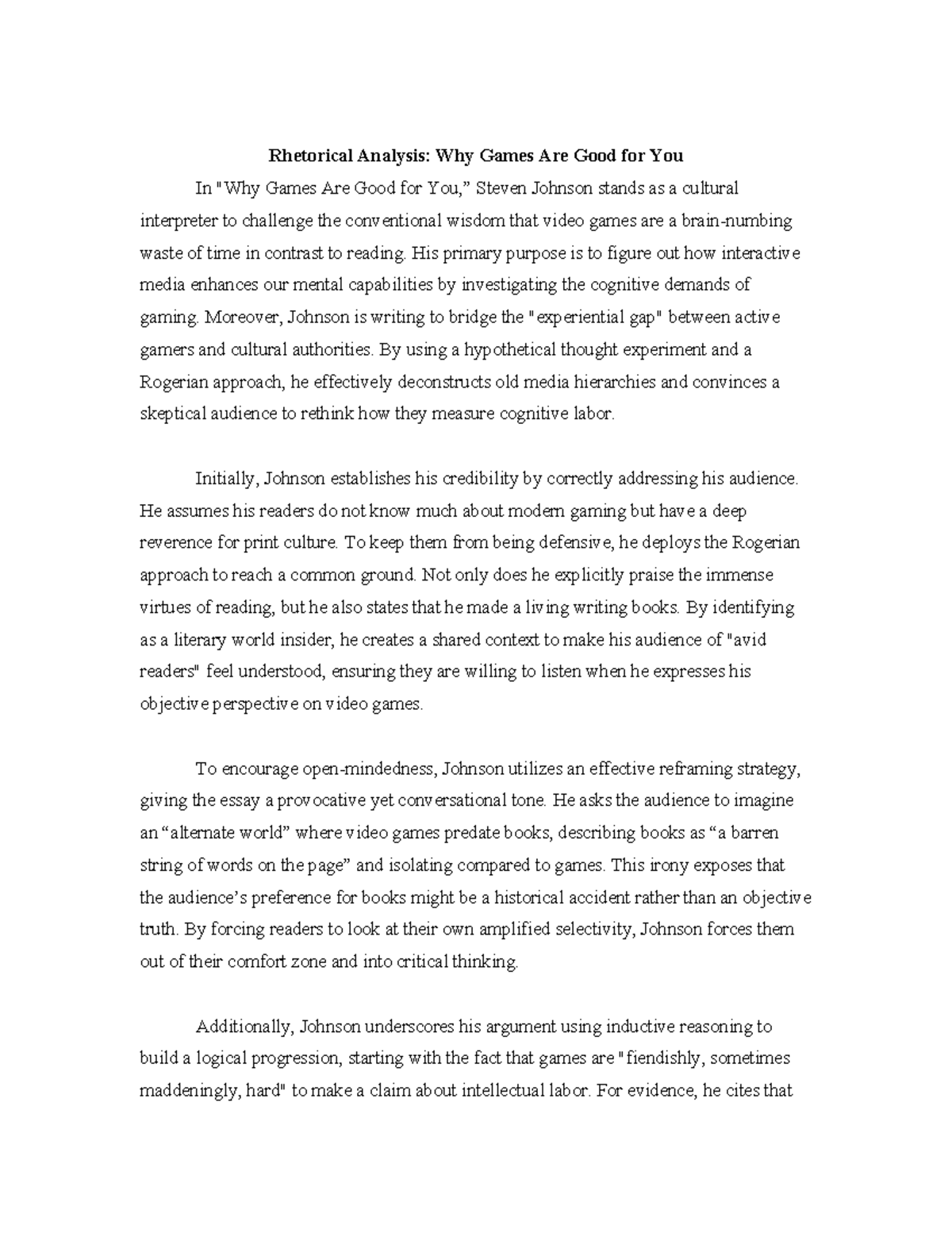 APA Essay: Rhetorical Analysis of "Why Games Are Good for You" - Studocu