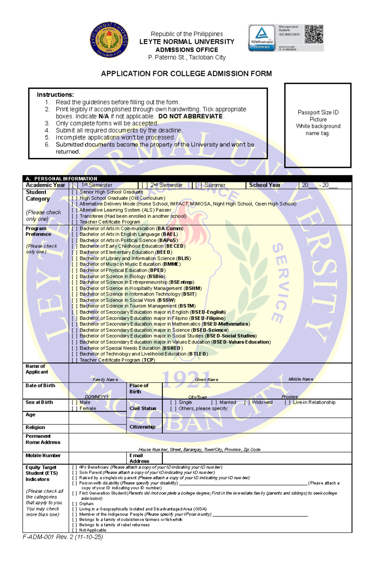 LNU F-ADM-001 Rev.2: College Admission & Data Privacy Form - Studocu