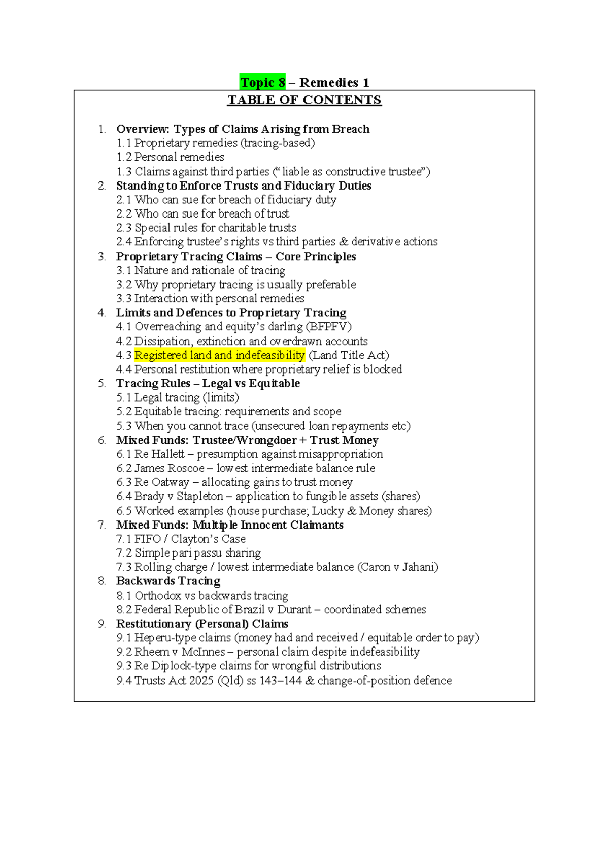 Topic 8 Remedies: Claims, Tracing, and Enforcement in Trust Law - Studocu