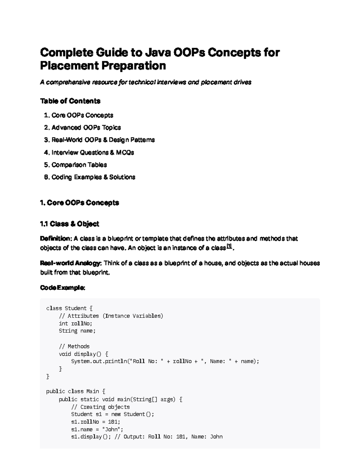 Java OOPs Concepts Complete Guide for Placement Prep - Studocu