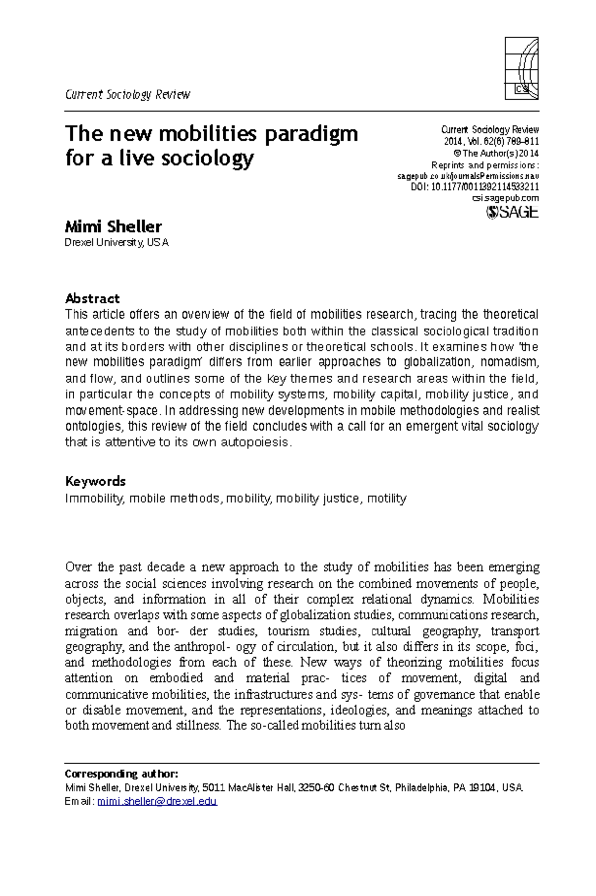 CS 533211 - The New Mobilities Paradigm in Current Sociology Review ...