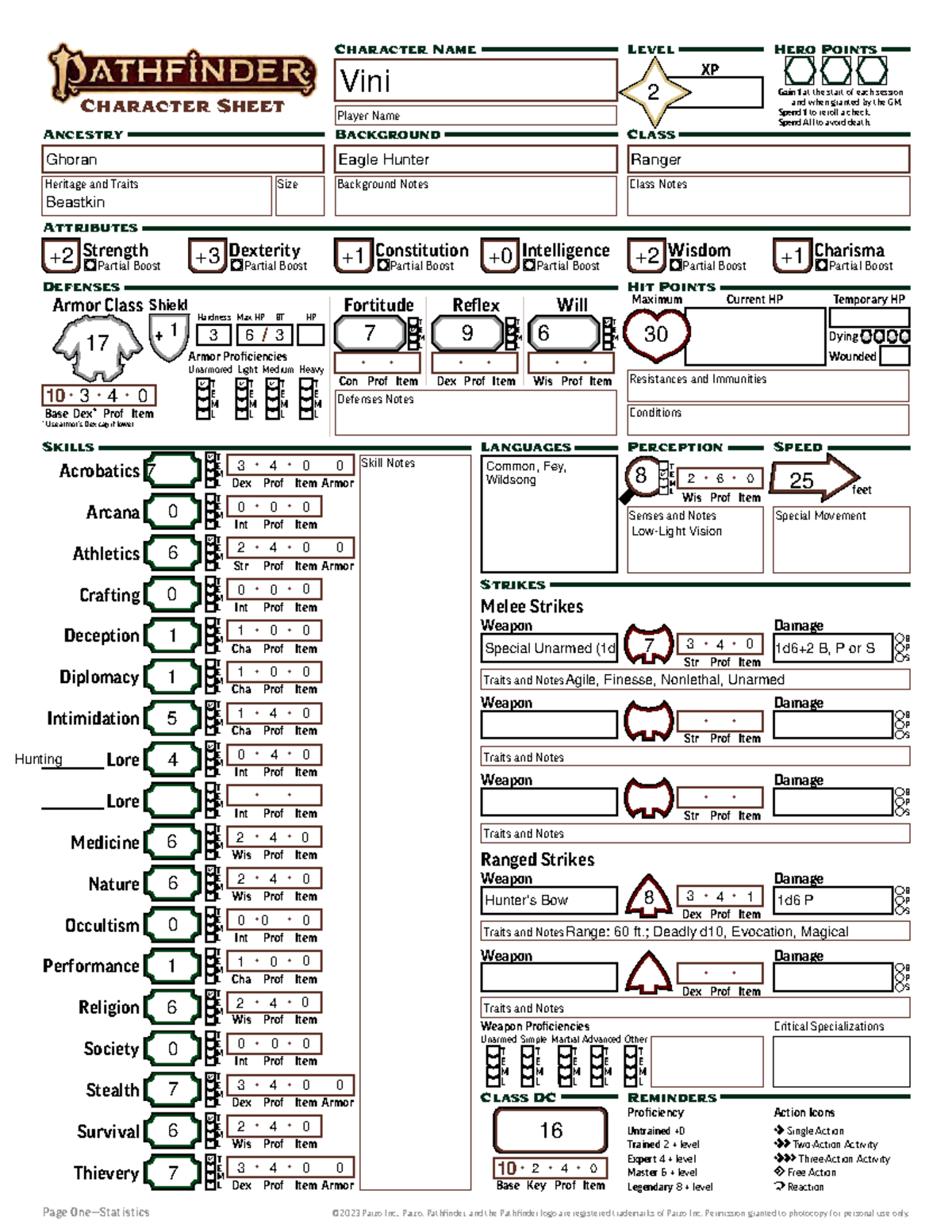 Character Sheet for Vini the Ghoran Eagle Hunter Ranger - Studocu