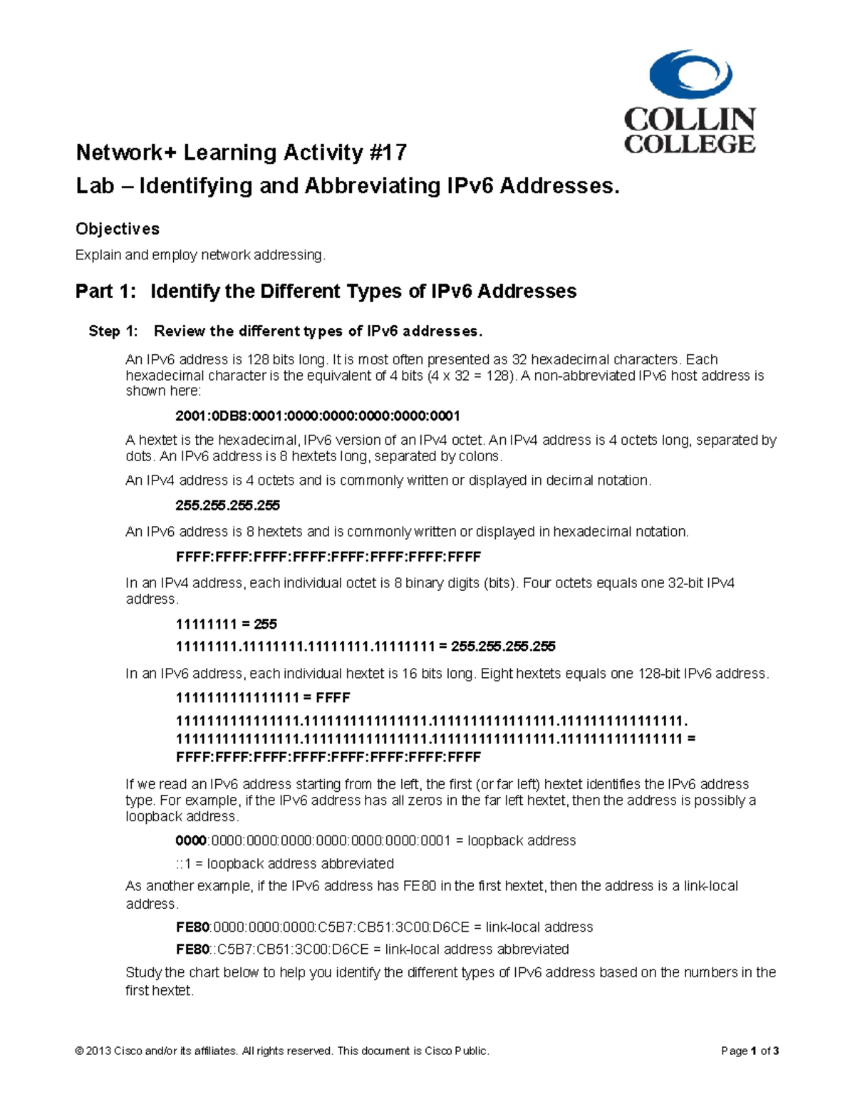 Network+ Learning Activity #17: IPv6 Address Identification ...