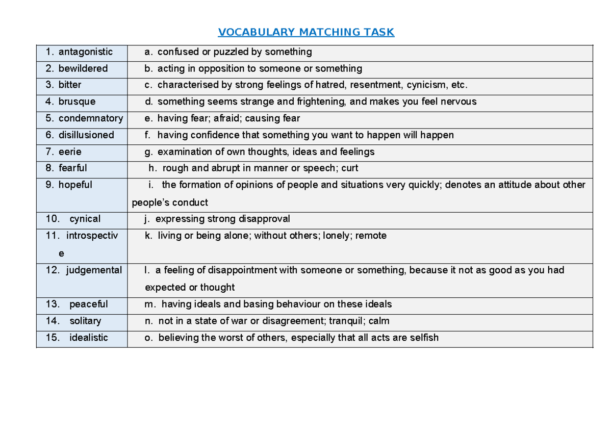 VOCABULARY MATCHING TASK 1: Definitions and Examples - Studocu