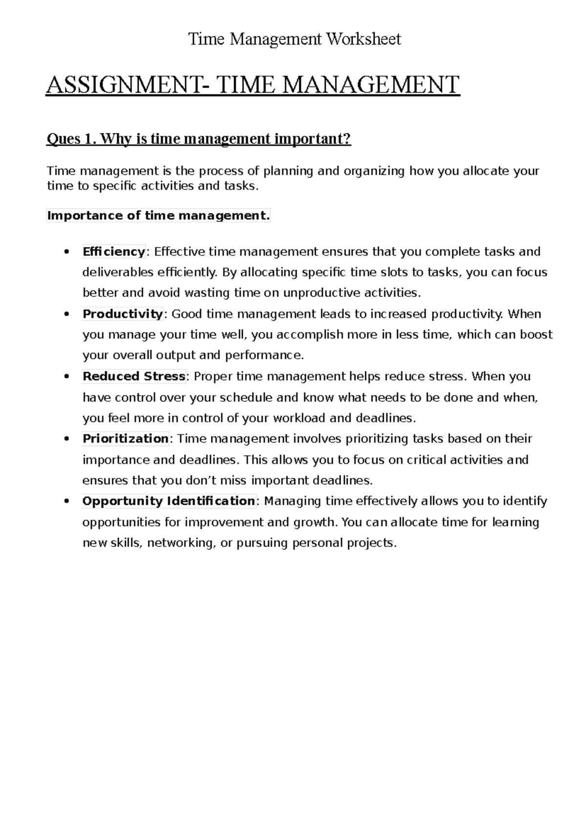 Time Management Assignment: Importance, Strategies, and Activity Breakdown - Studocu