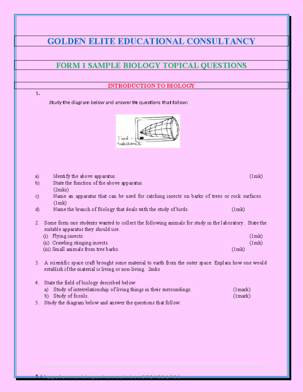 Form 1 Biology Topical Questions: Sample Questions & Answers - Studocu