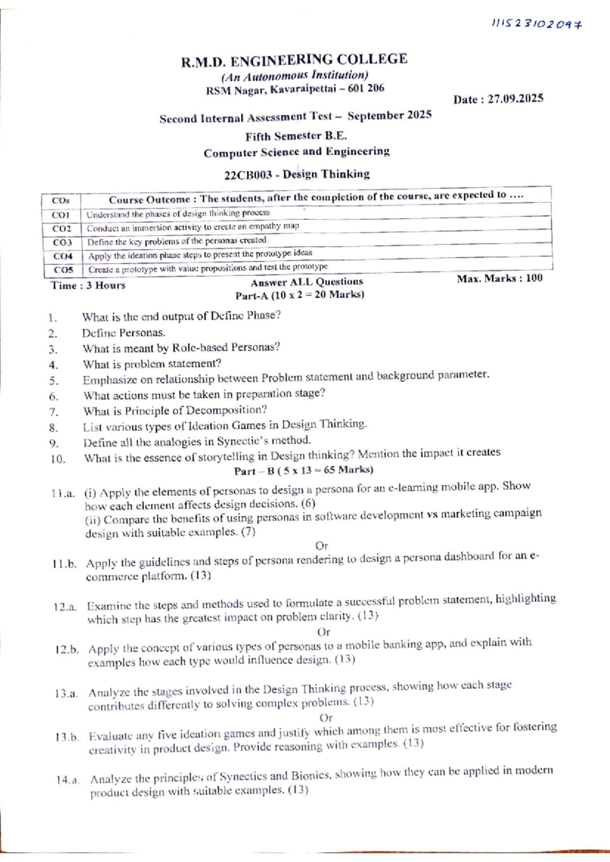 22CB003 Design Thinking Second Internal Assessment Test Sept 2025 - Studocu