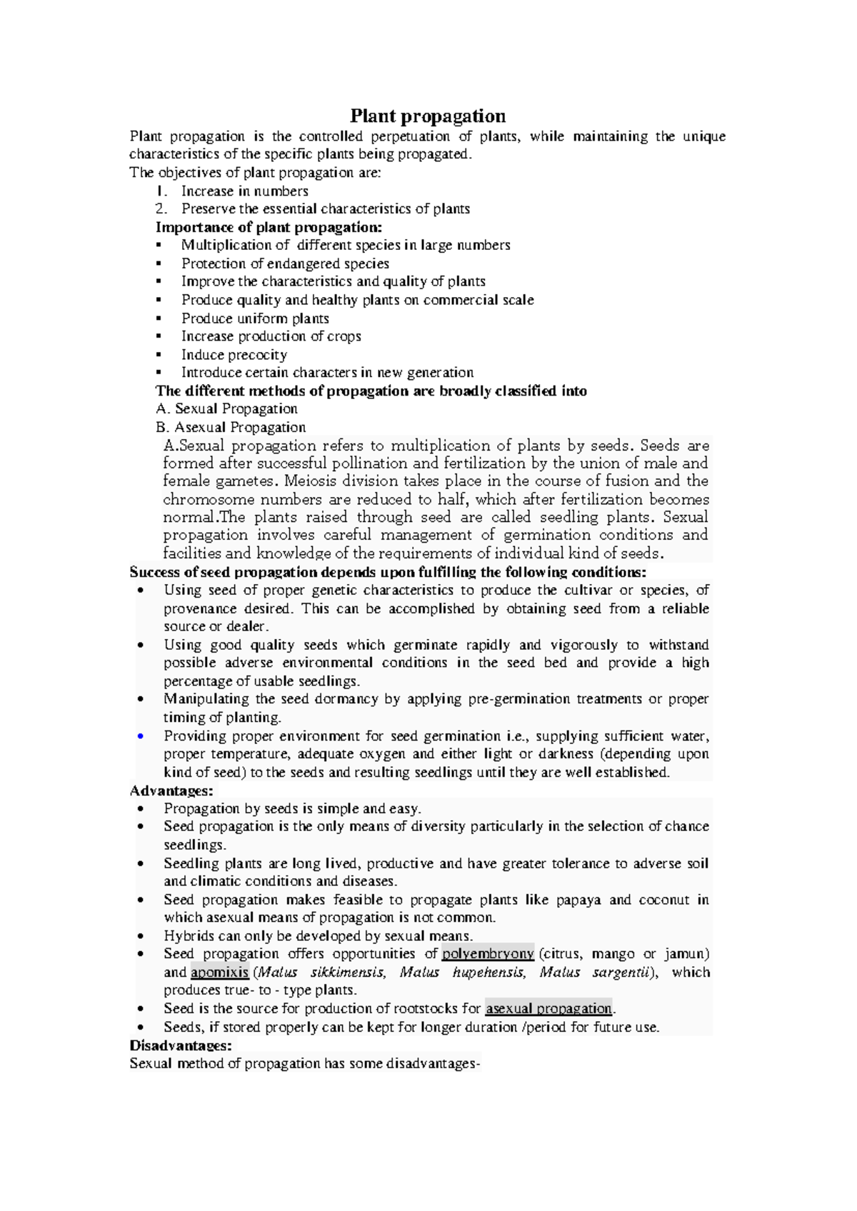 Plant Propagation Techniques: Theory Class Notes (AGRI 101) - Studocu
