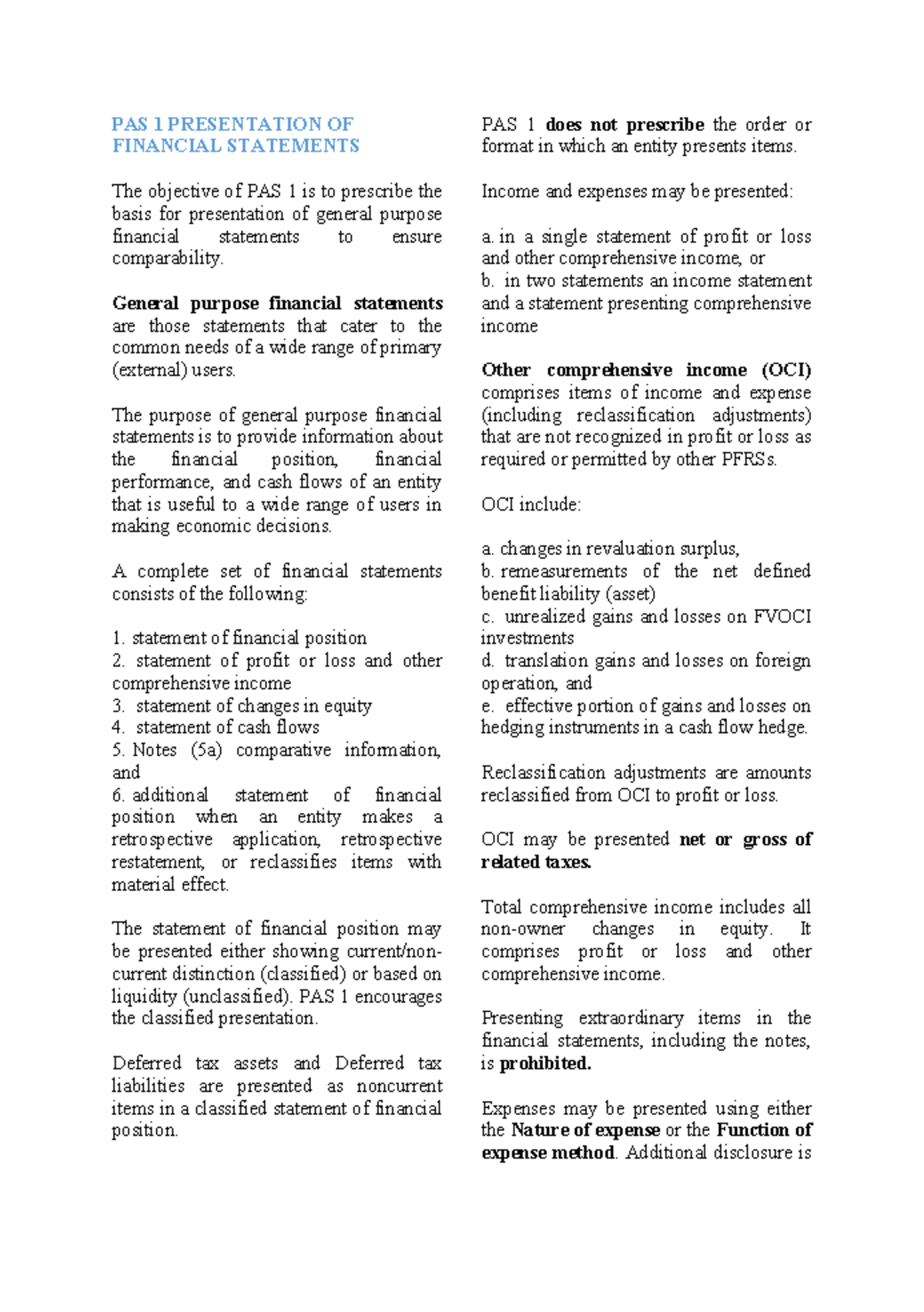 CFAS Notes on PAS 1: Presentation of Financial Statements - Studocu