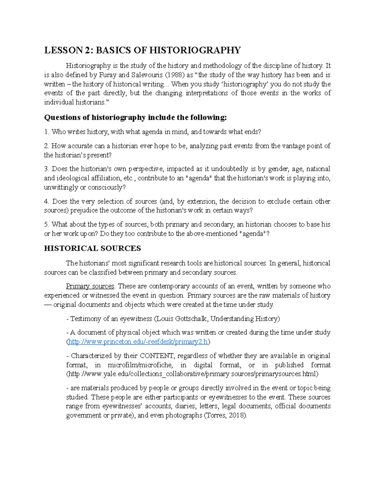 Lesson 2: Overview of Historiography Basics and Historical Sources ...
