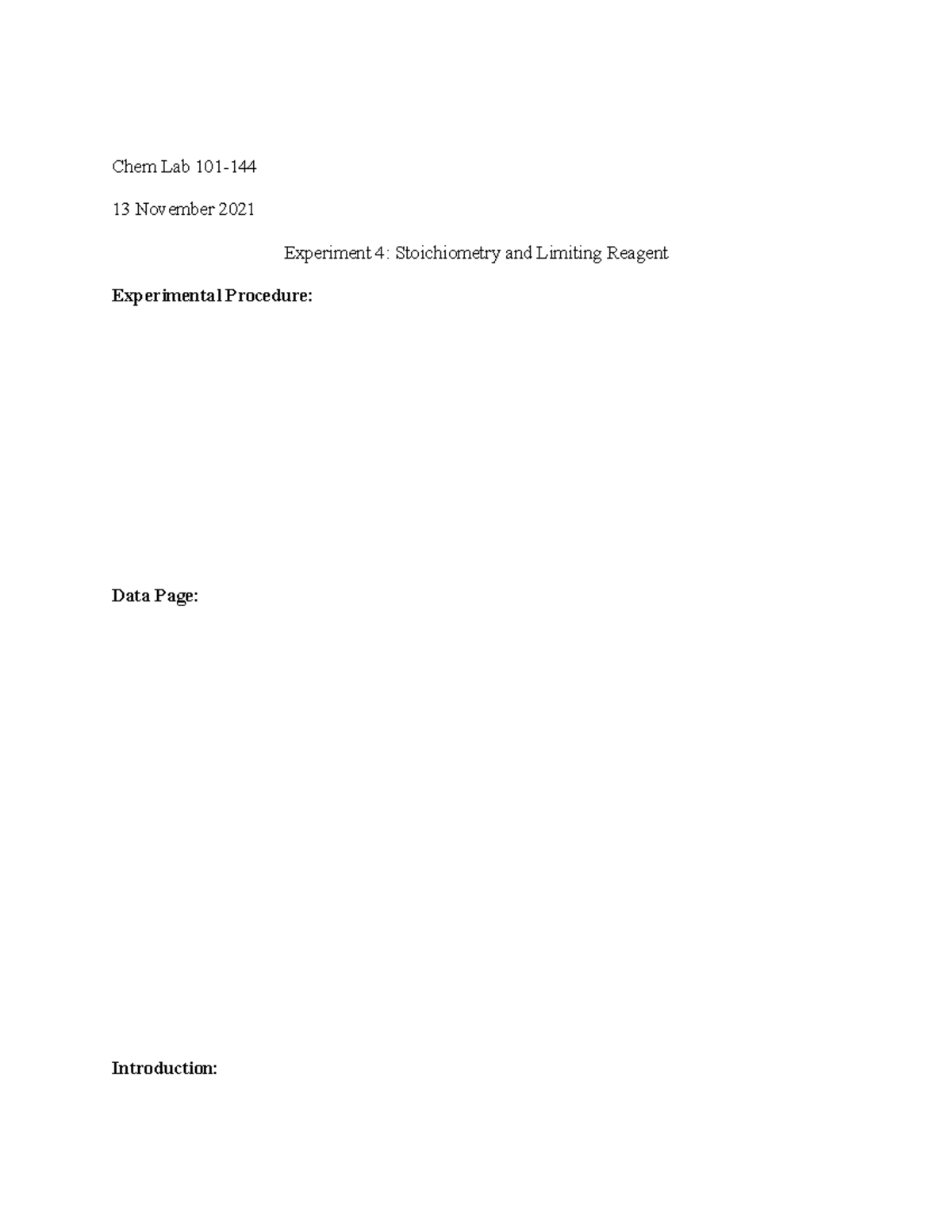 Chem 101 Final Lab Report: Stoichiometry & Limiting Reagents - Studocu