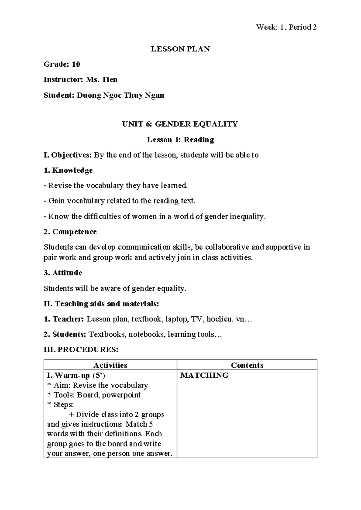 Grade 10 Unit 6: Gender Equality Lesson Plan - Week 1, Period 2 - Studocu