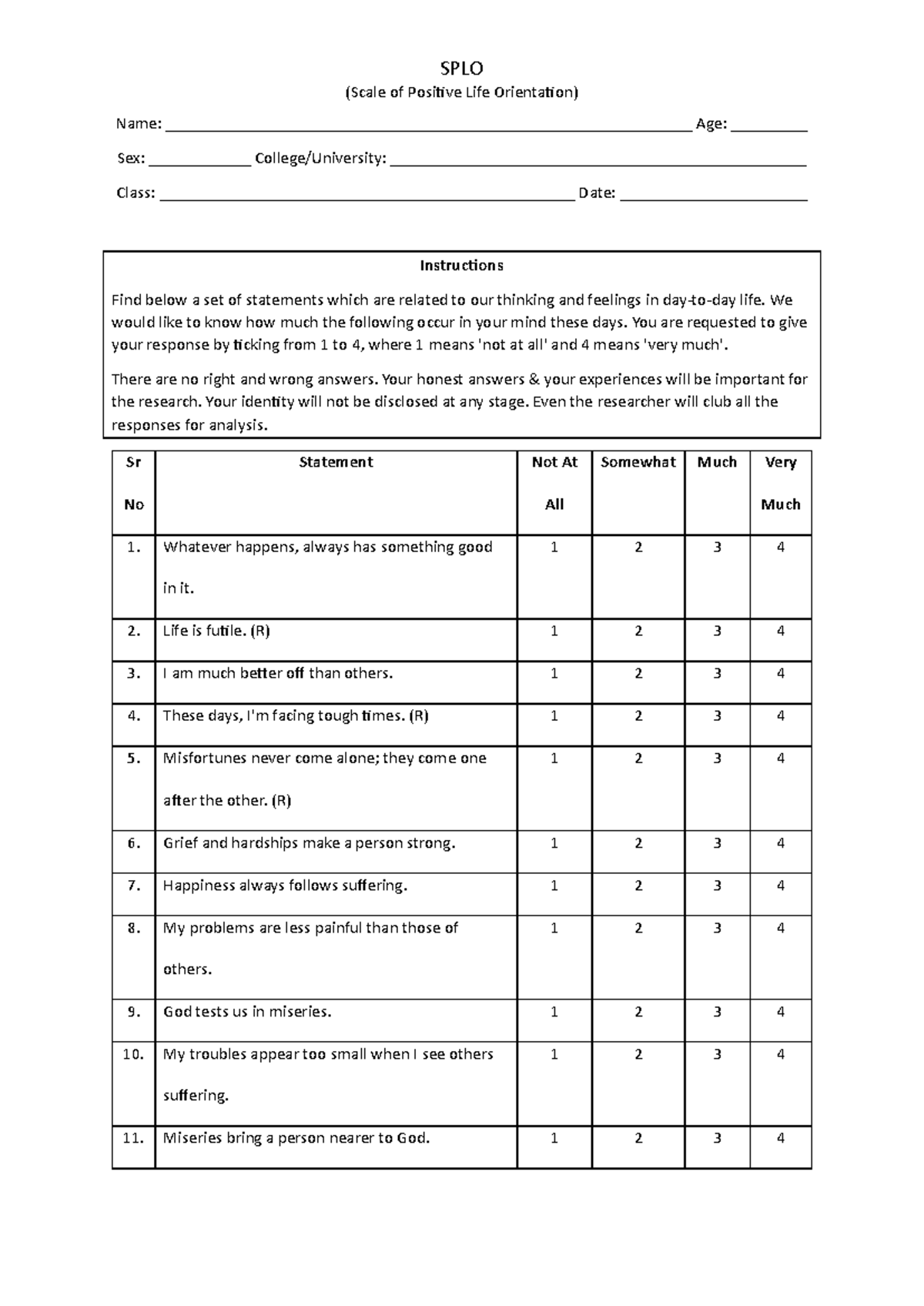SPLO Questionnaire: Scale of Positive Life Orientation Assessment - Studocu