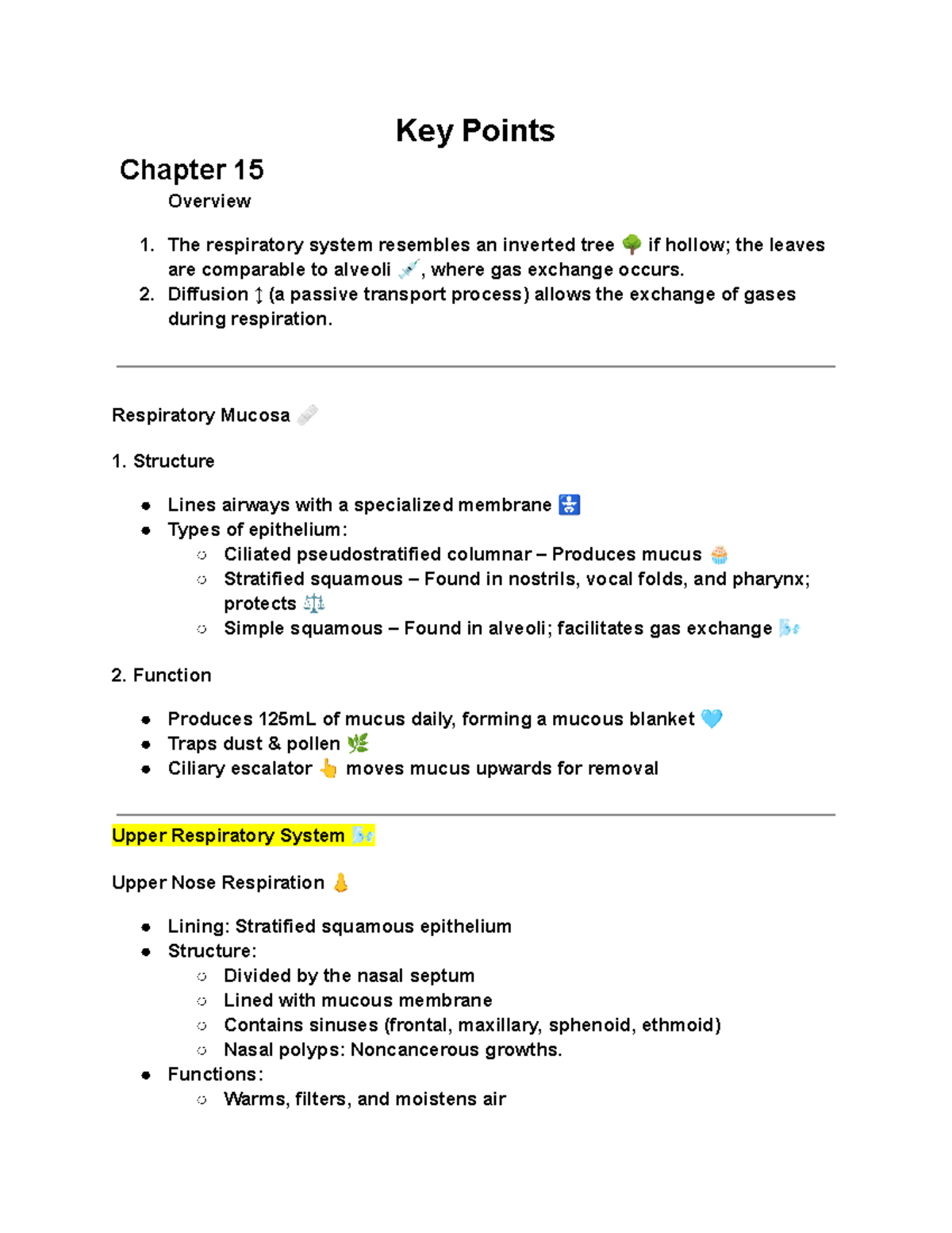 Key Points Overview: Respiratory, Digestive, and Urinary Systems (Ch 15 ...