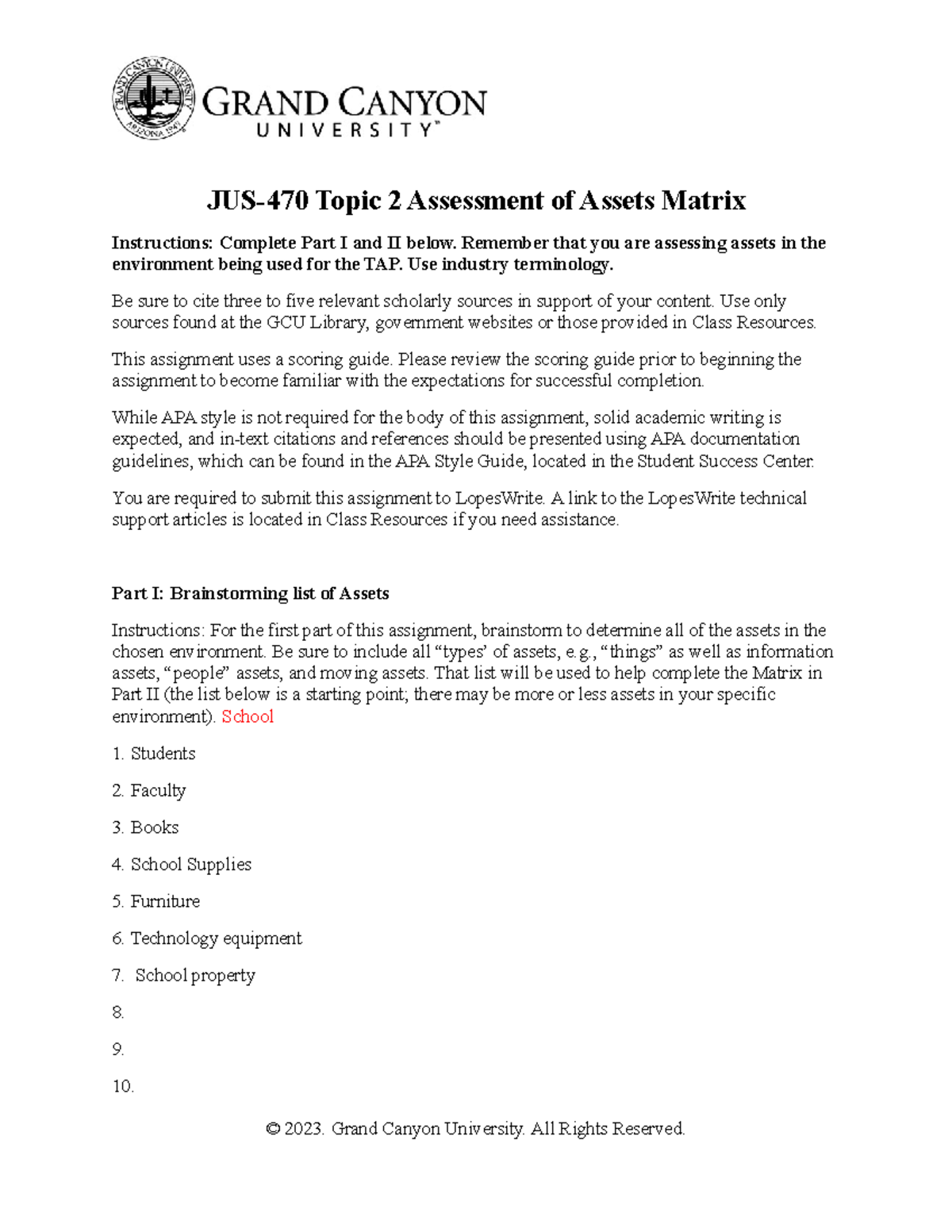 JUS-470 Final Assessment of Assets Matrix and Evaluation Guide - Studocu