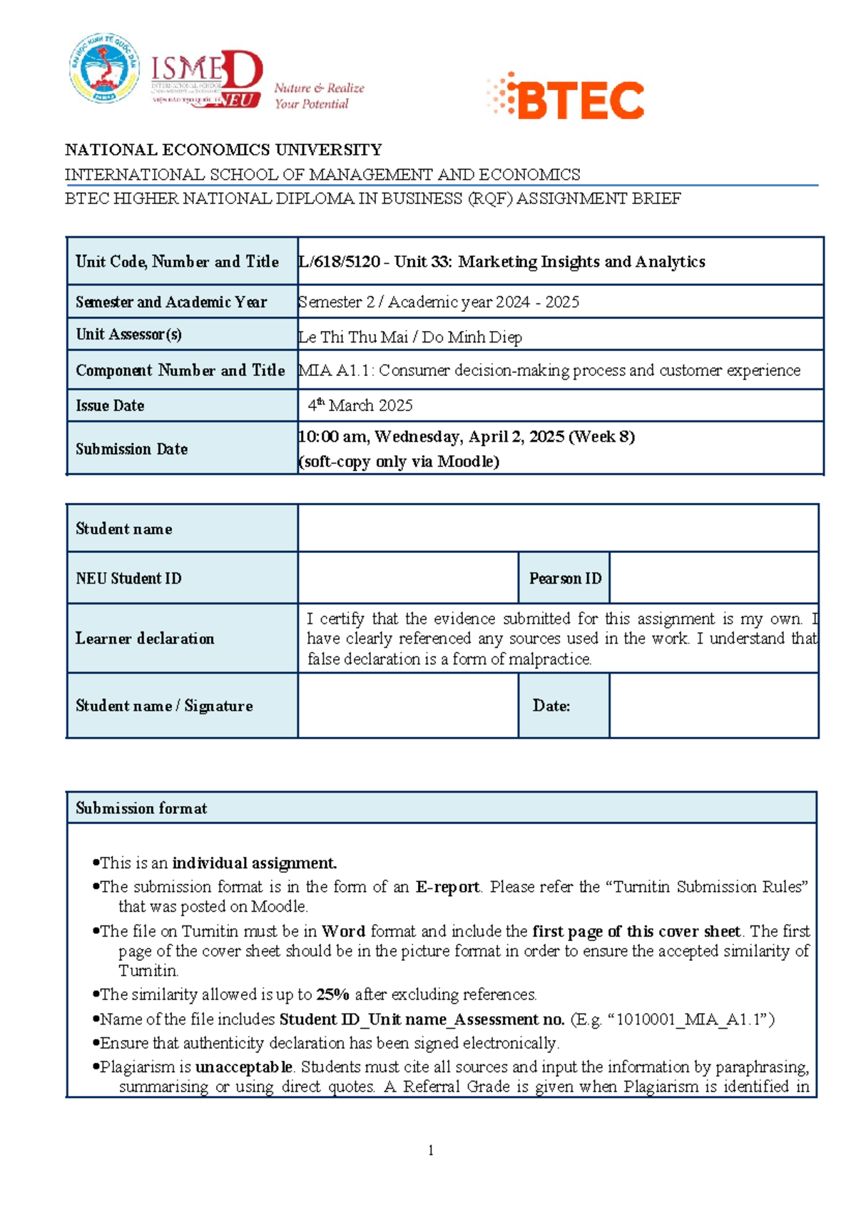 MIA 1. Assignment Brief - A1 - Feb 2025 - NATIONAL ECONOMICS UNIVERSITY ...