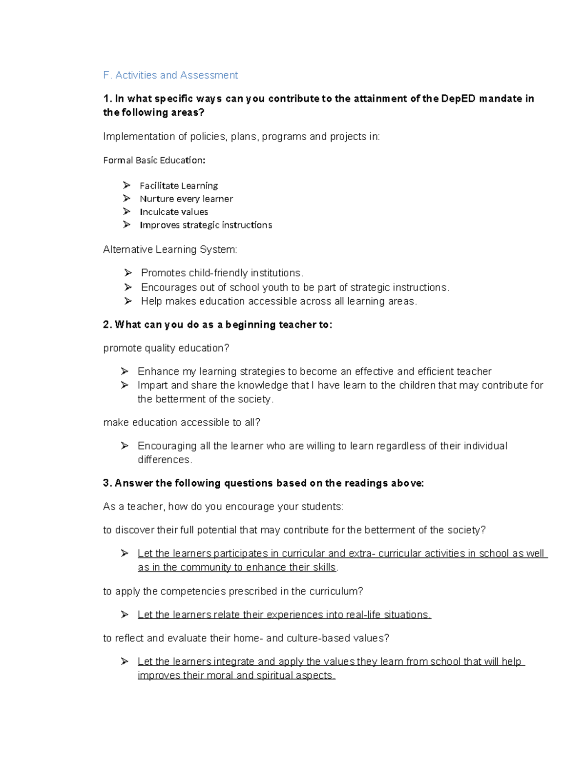 Activities and Assessment: Contributing to DepEd Mandate in Education ...